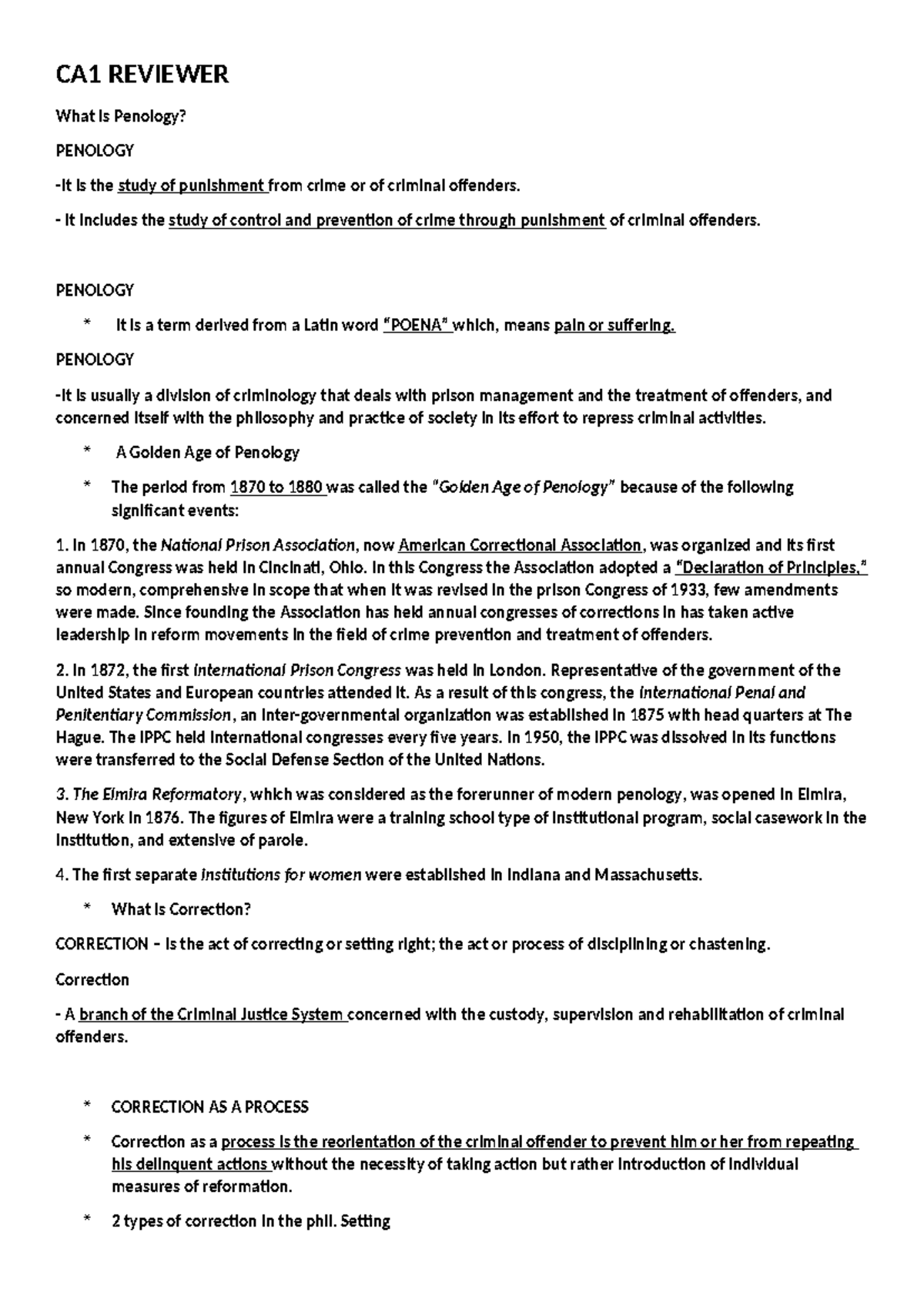 CA1 REVIEWER: Understanding Penology and Correctional Systems - Studocu