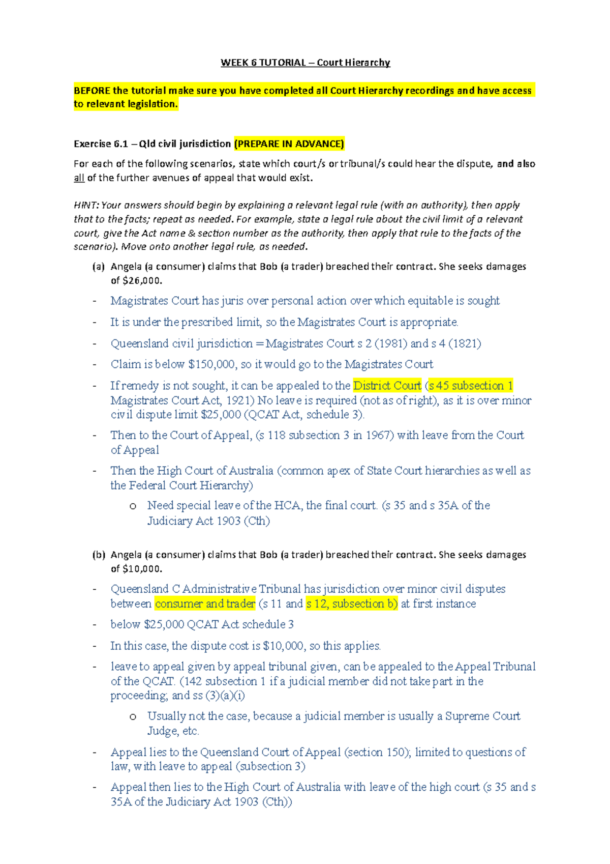 LLB101 WEEK 6 Tutorial - Week 6 - WEEK 6 TUTORIAL – Court Hierarchy ...