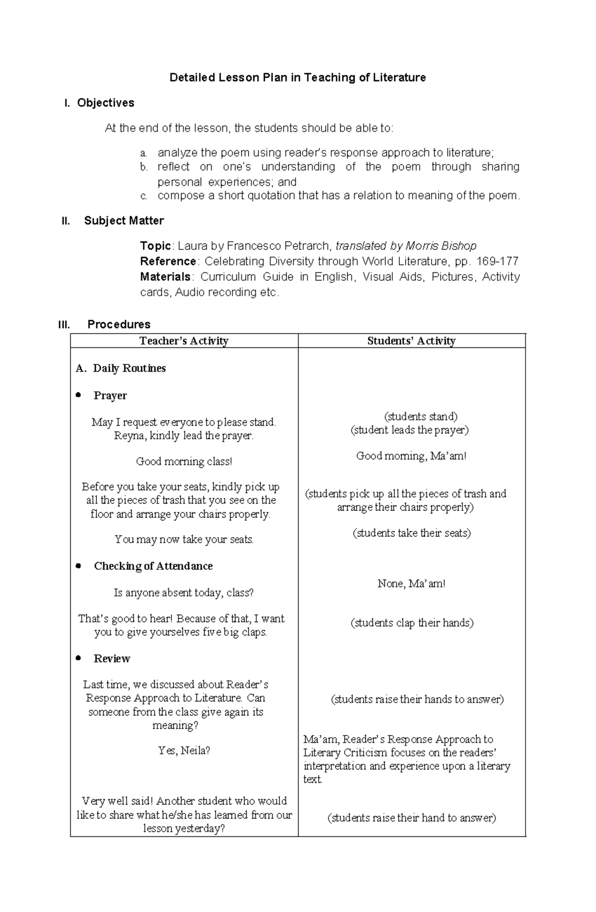 A Detailed Lesson PLAN IN Literary Genre - A DETAILED LESSON PLAN IN ...