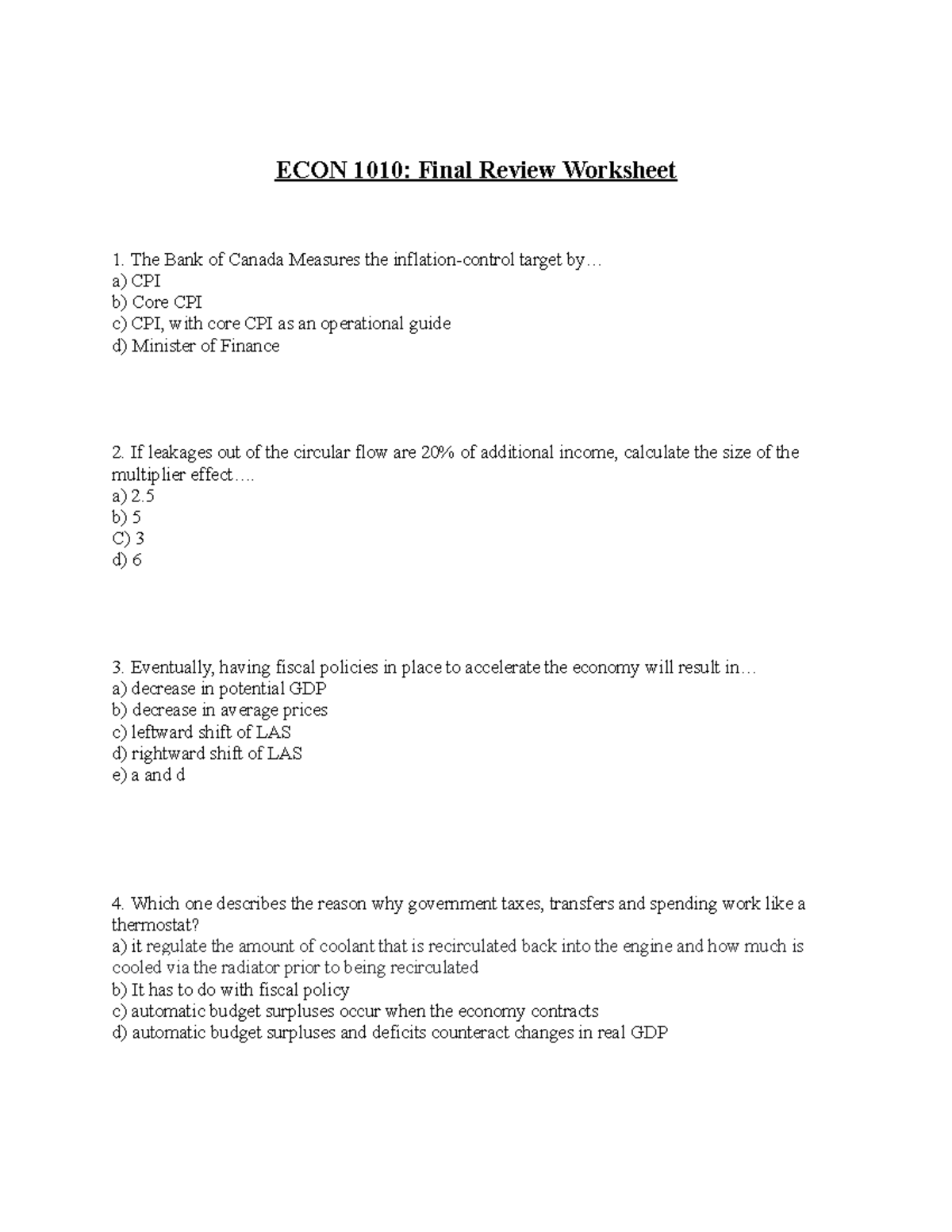 ECON 1010: Final Exam Comprehensive Review Worksheet - Studocu