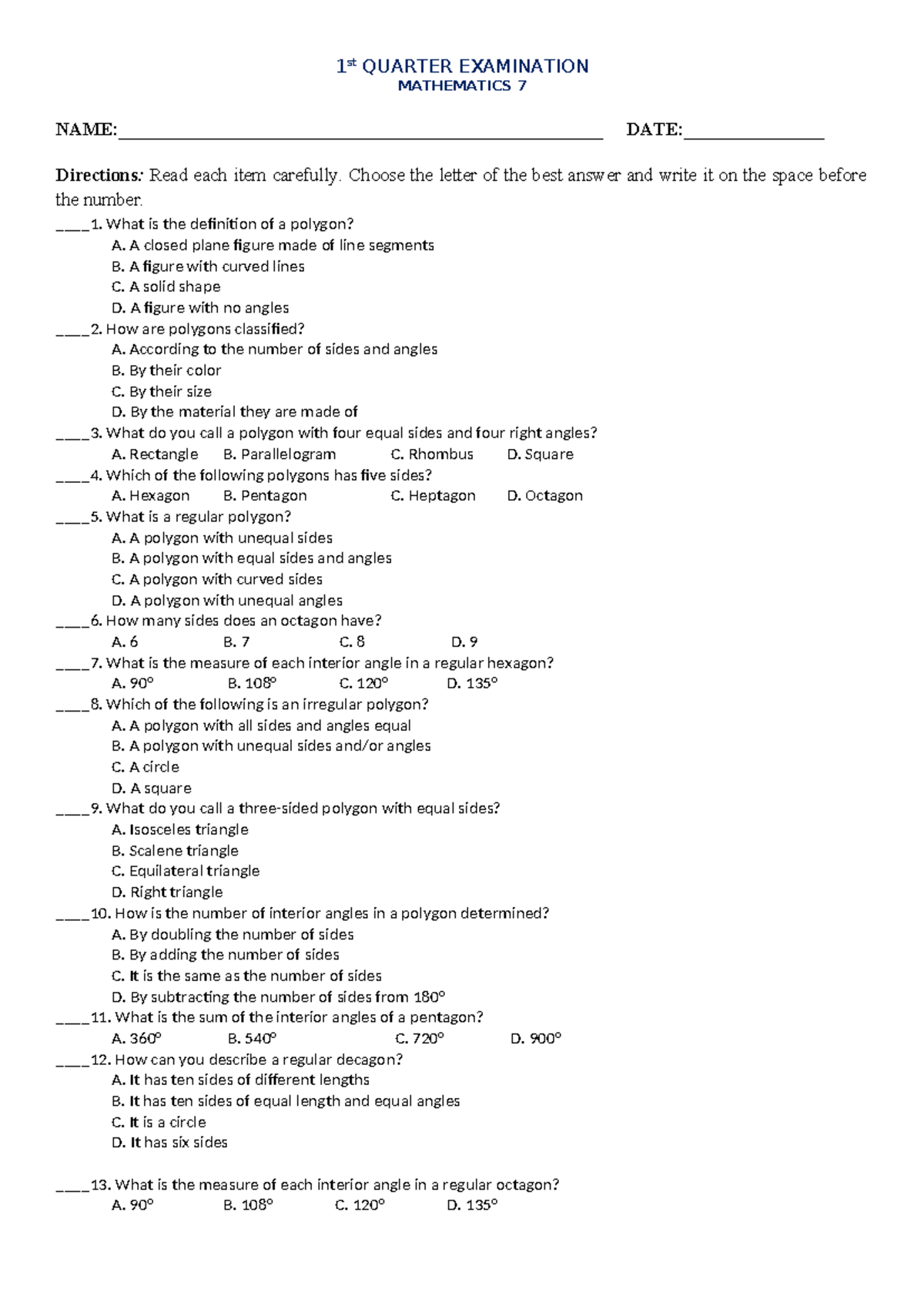 1st Quarter Exam Review: Mathematics 7 - Polygons and Angles - Studocu