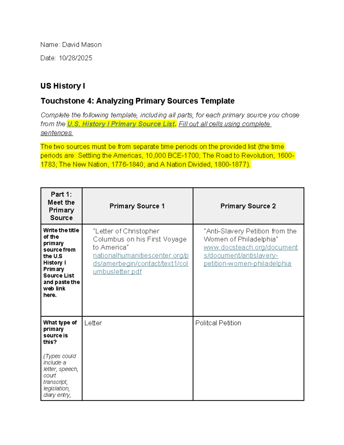 US History I Touchstone 4: Analyzing Primary Sources Template - Studocu
