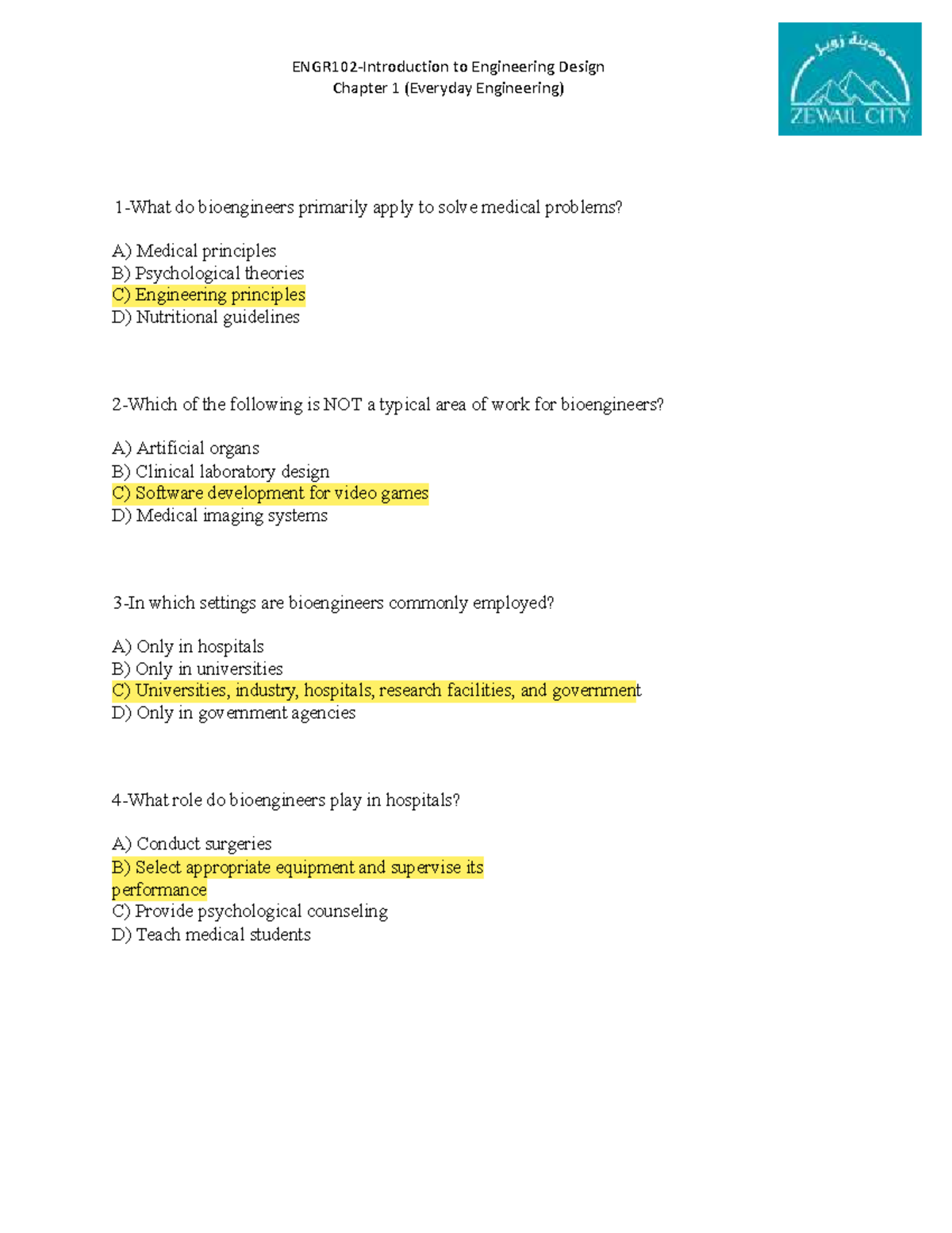 ENGR102 Final Exam MCQs: Engineering Design Chapters 1 & 3 - Studocu