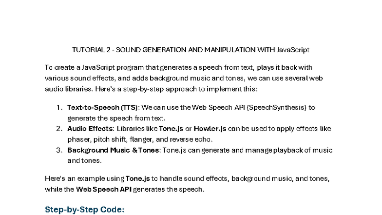 Tutorial 2: Sound Generation & Manipulation with JavaScript - Studocu