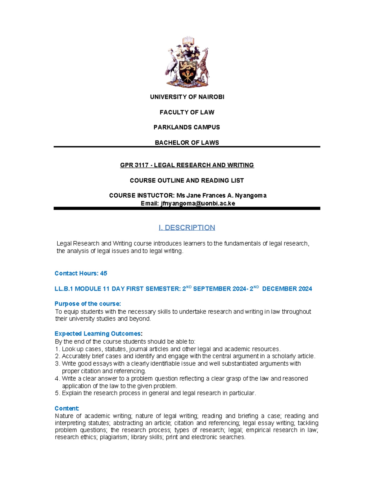 Legal Research & Writing Course Outline GPR 3117 - September 2024 - Studocu