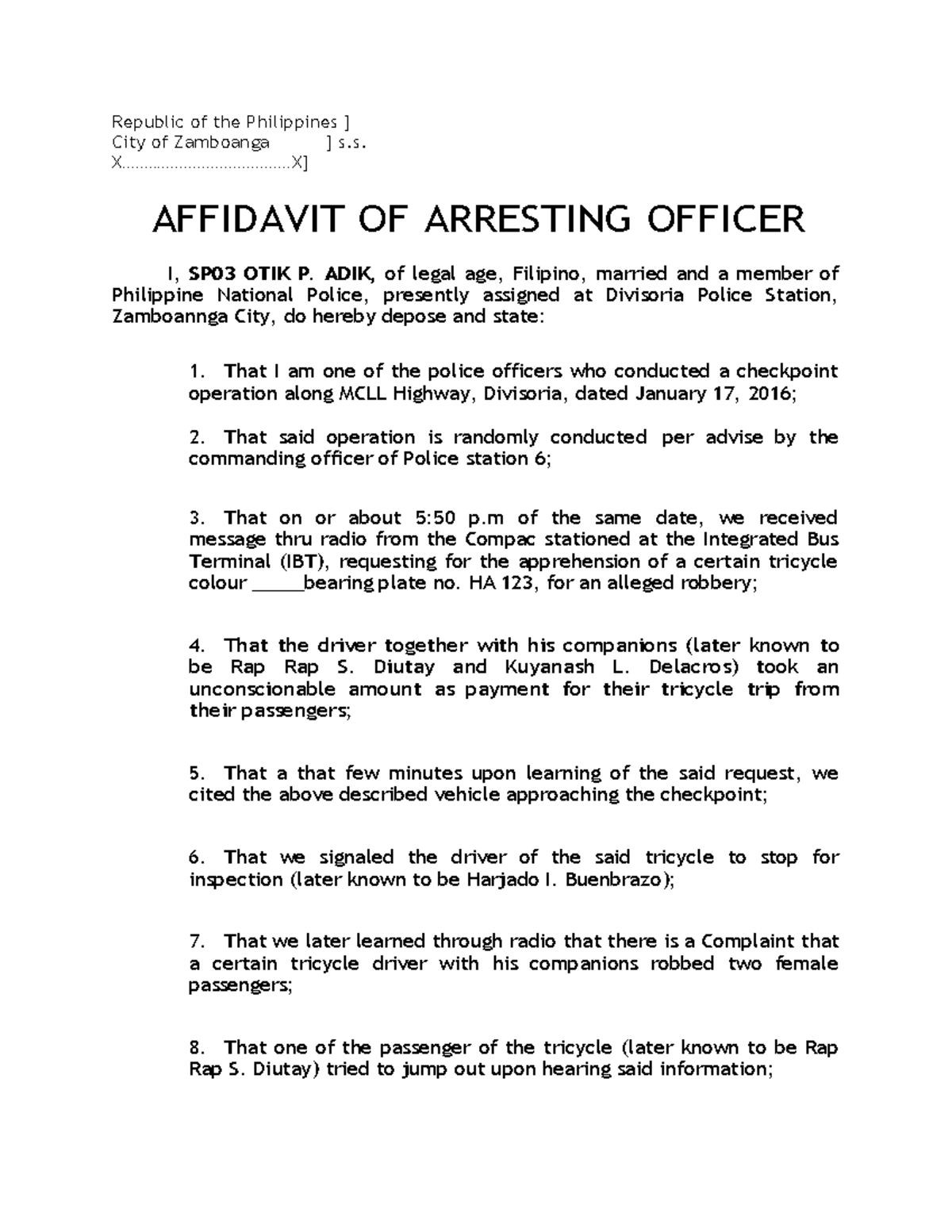 Affidavit of arresting officer - Republic of the Philippines City of ...