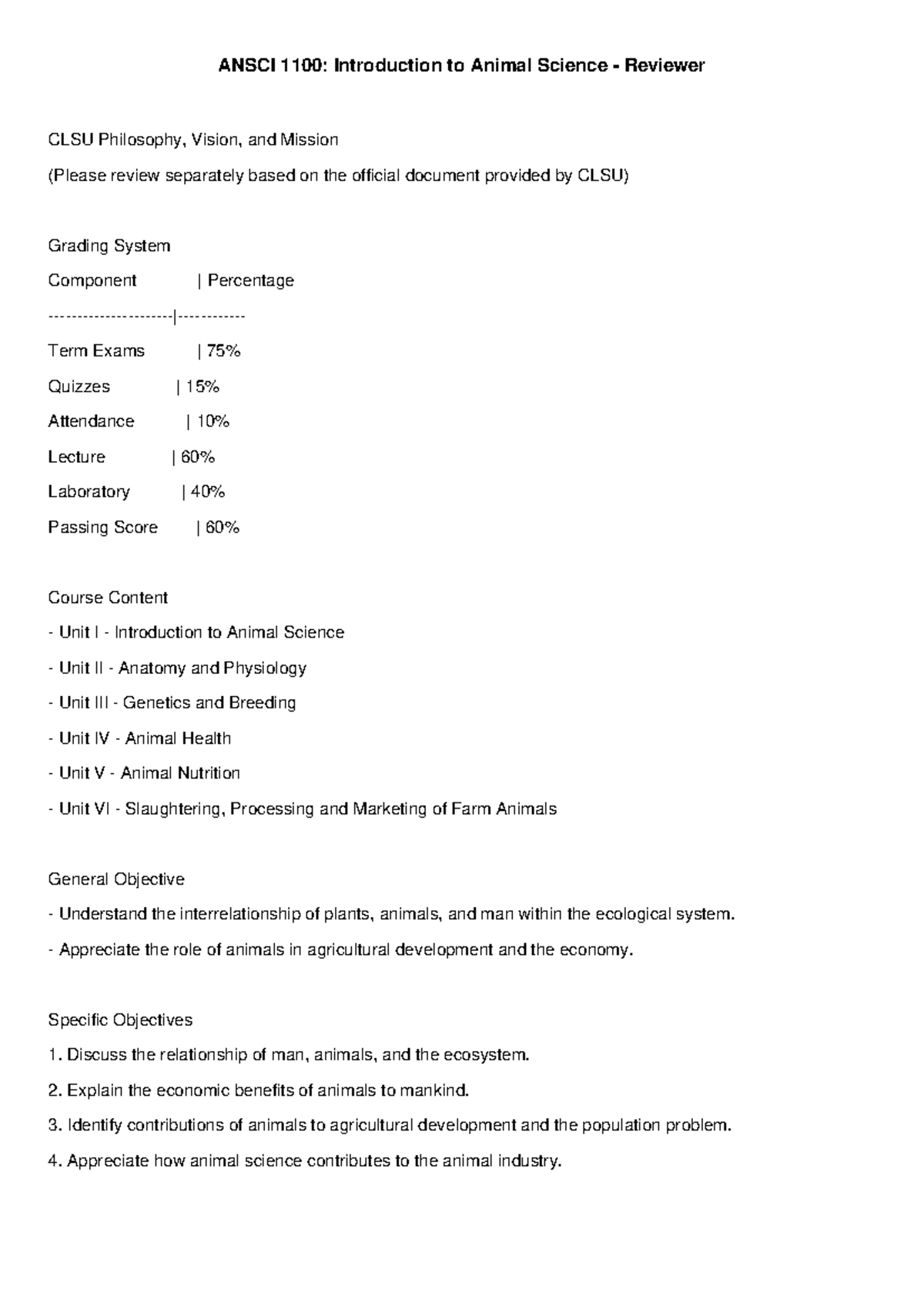 ANSCI 1100: Introduction to Animal Science Unit I Reviewer - Studocu