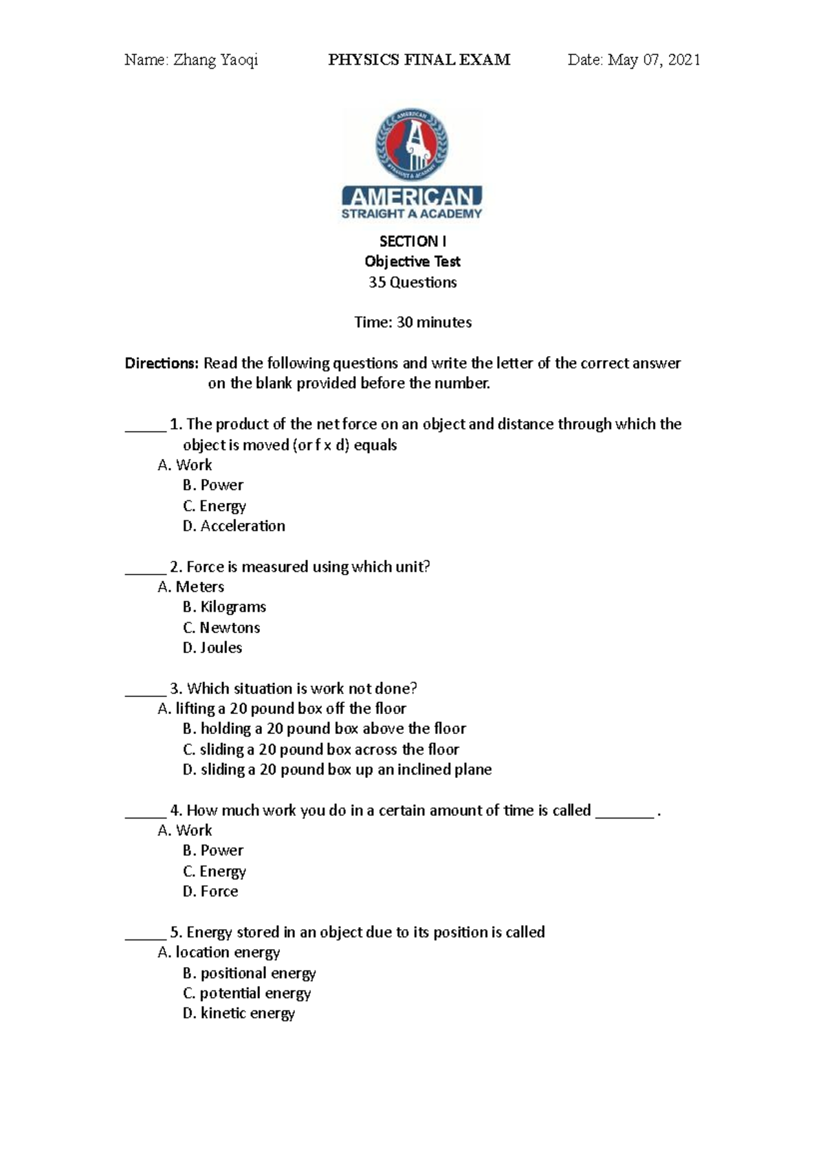 Physics Final EXAM - SECTION I Objective Test 35 Questions Time: 30 ...