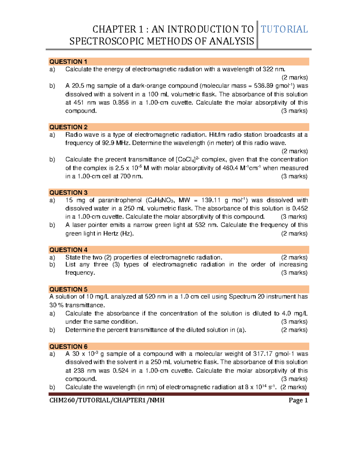 Tutorial 1 - CHM260 - SPECTROSCOPIC METHODS OF ANALYSIS QUESTION 1 a ...