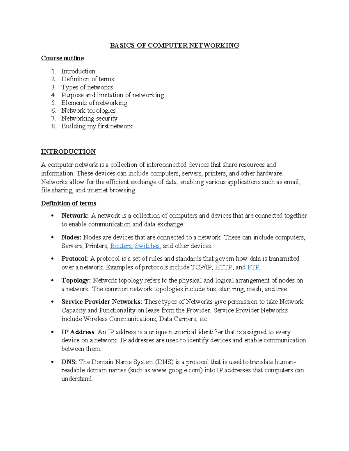 BASICS OF COMPUTER NETWORKING: Course Outline and Key Concepts - Studocu
