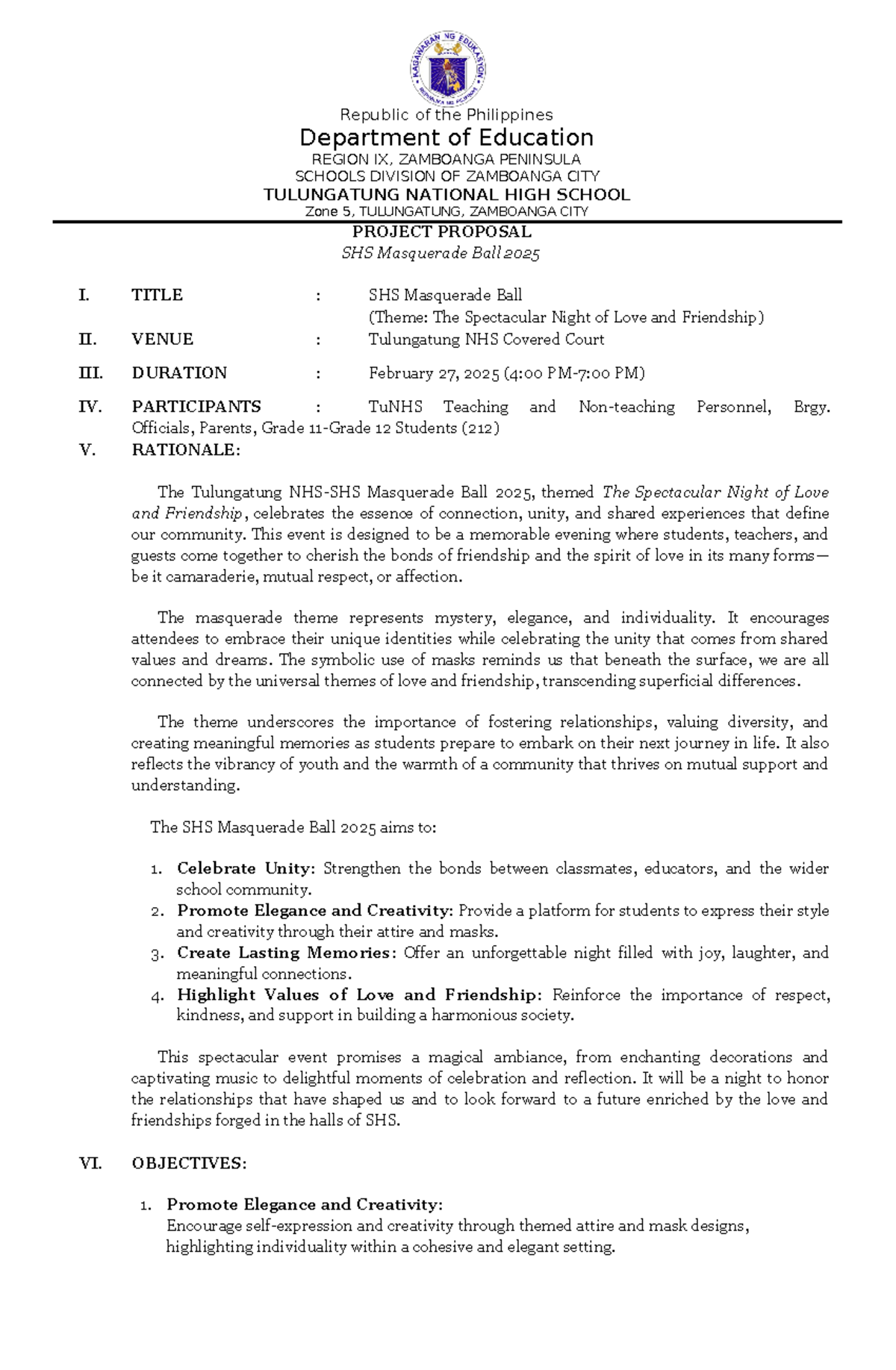 SHS Masquerade BALL 2025 Proposal - Republic of the Philippines ...