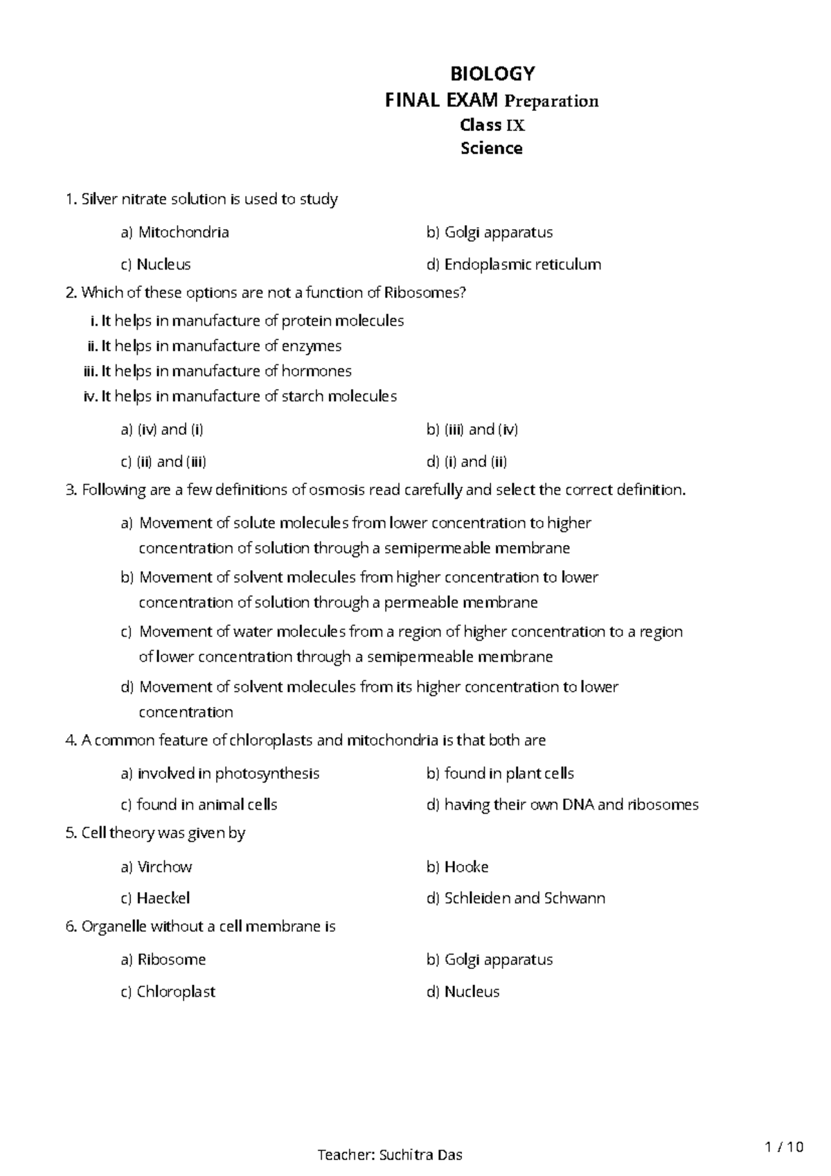 BIOLOGY FINAL EXAM Prep Class IX Science - Comprehensive Guide - Studocu