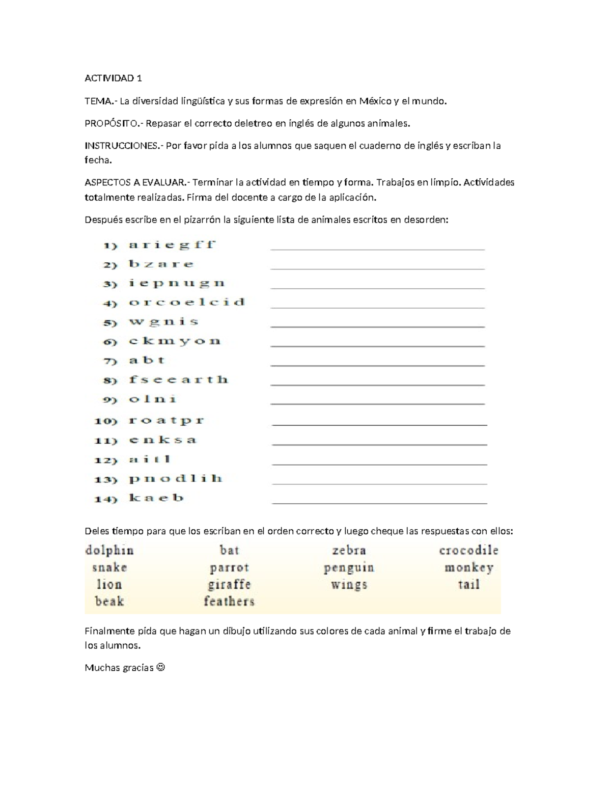 ACTIVIDAD 1: Vocabulario de Animales en Inglés y Diversidad Lingüística ...