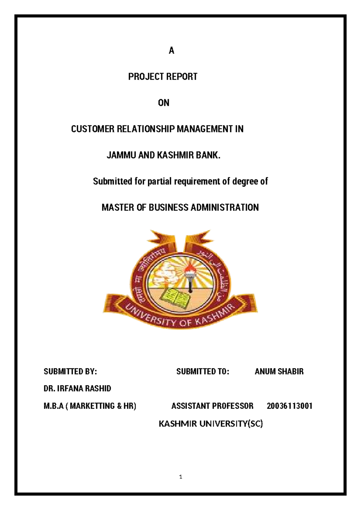 Project Report on CRM in Jammu and Kashmir Bank - MBA 3rd Sem - Studocu