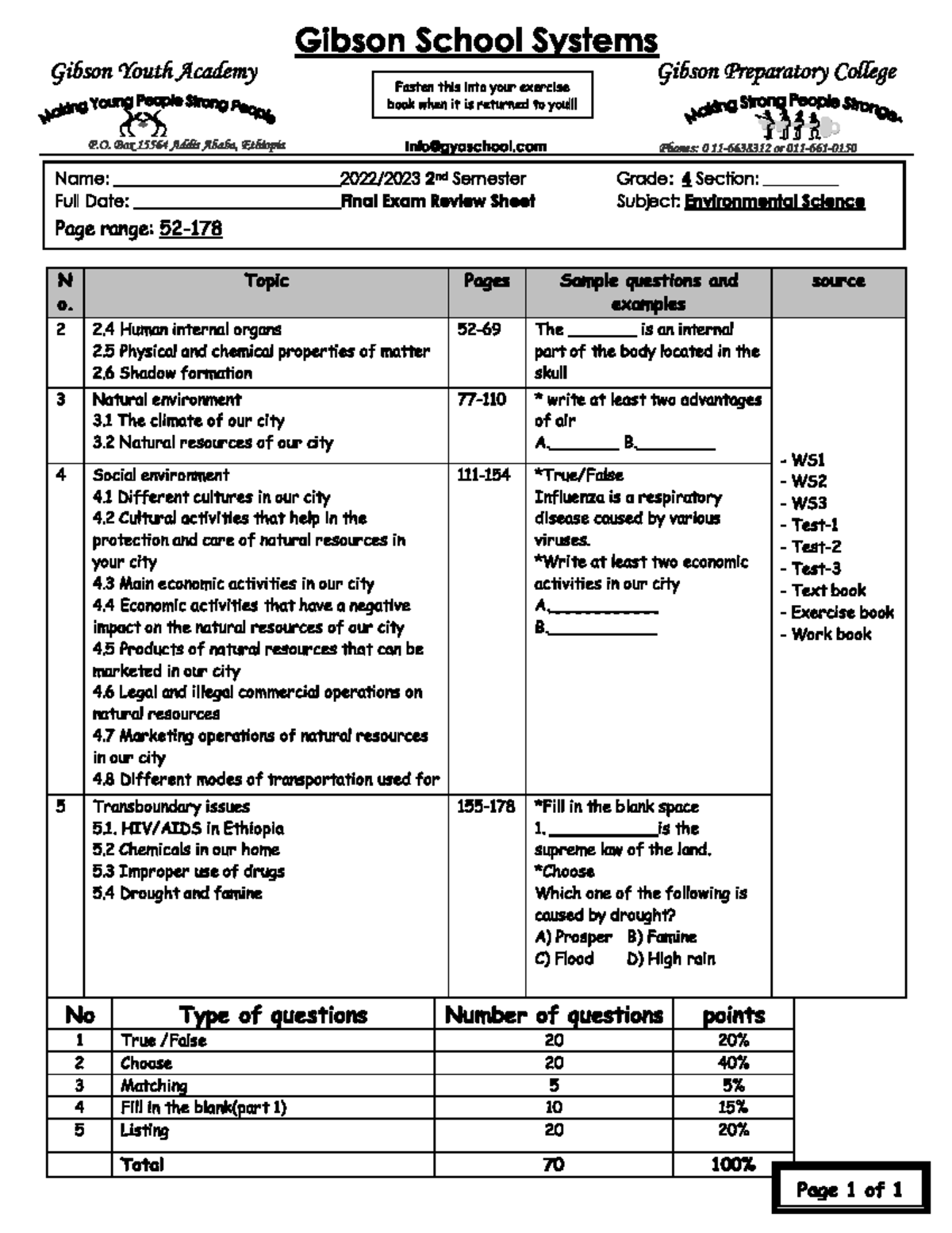 Environmental Science Final Exam Review Sheet (Grade 4) - Studocu