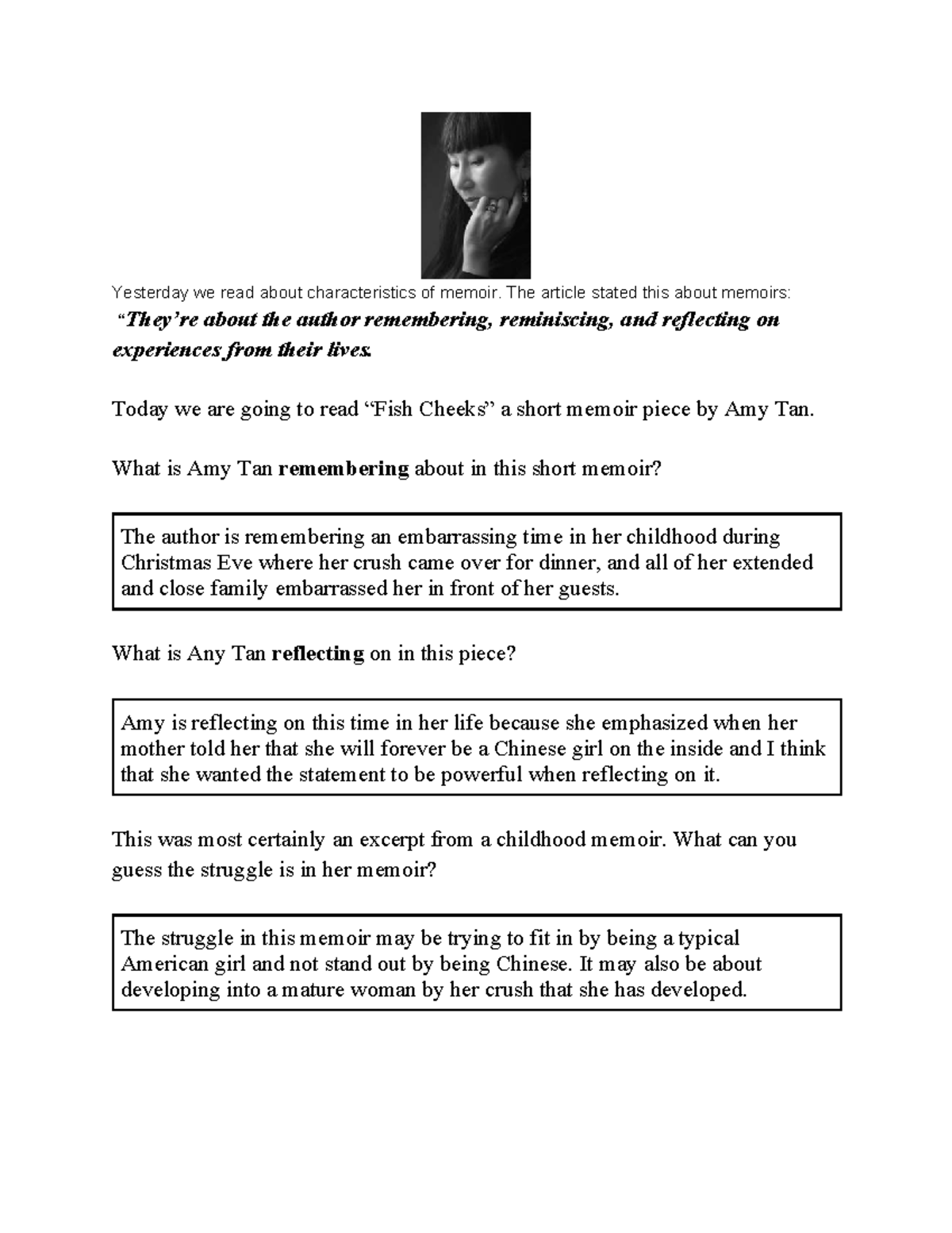Characteristics of Memoirs: Analyzing Amy Tan's "Fish Cheeks" - Studocu