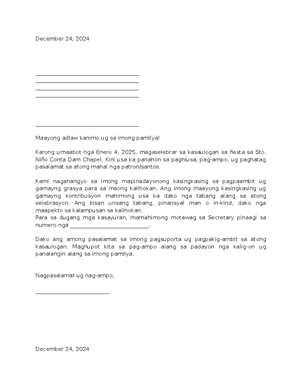 Solicitud de Carta para la Celebración Anual de la Fiesta - Studocu