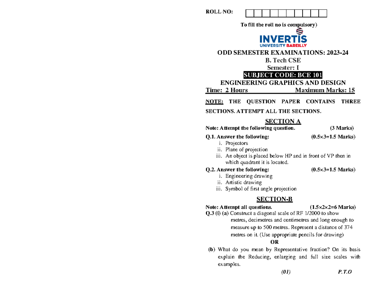 BCE 101 - Previous Year Exam Questions for Engineering Graphics - Studocu