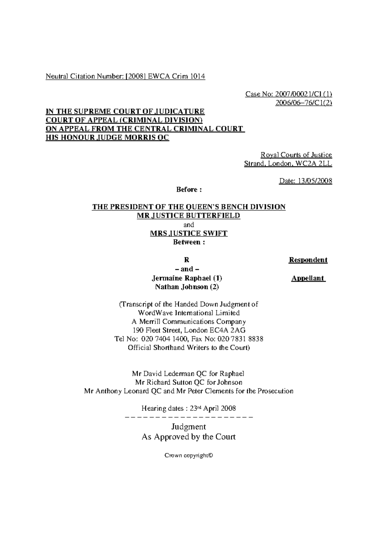 R. v Raphael & Johnson: Appeal Judgments on Conviction & Sentences ...