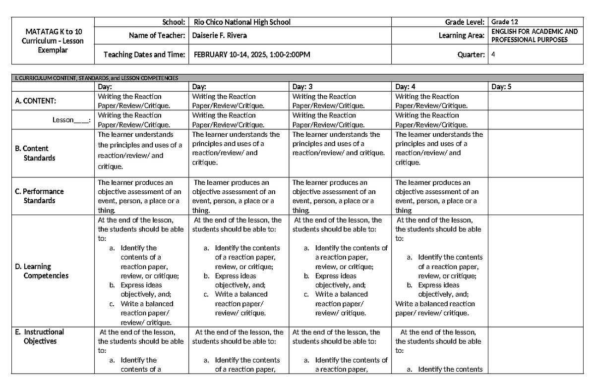 DLP EAPP Grade 12 Q4 Lesson Exemplar: Writing Reaction Papers - Studocu