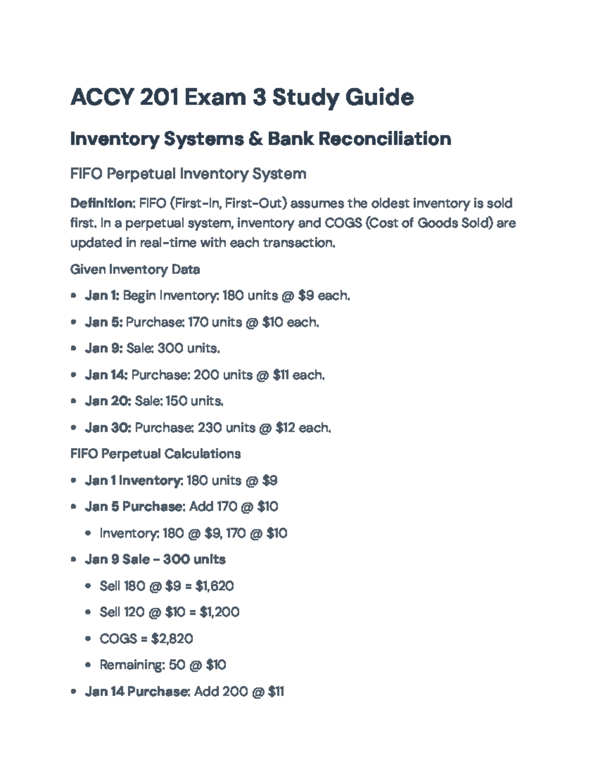 ACCY 201 Exam 3 Study Guide: Inventory Systems and Bank Reconciliation ...