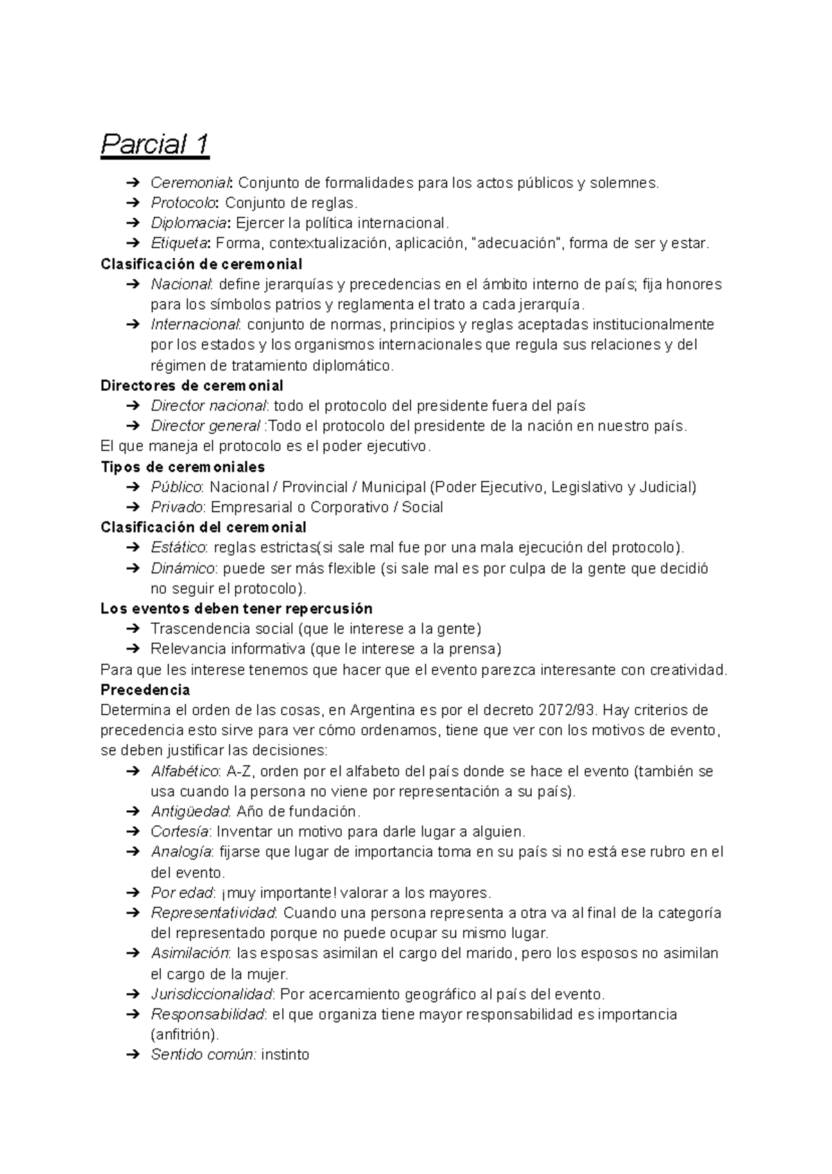 Parcial 1: Ceremonial y Protocolo en Eventos Públicos y Privados - Studocu
