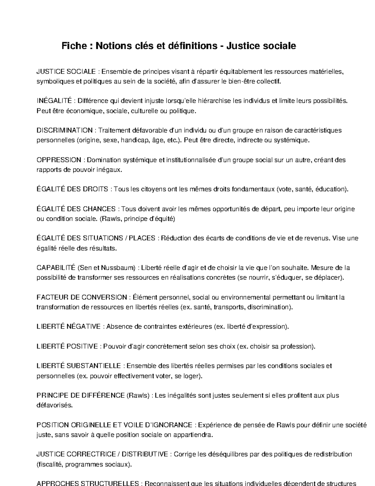 Notions Clés de la Justice Sociale : Définitions et Principes - Studocu