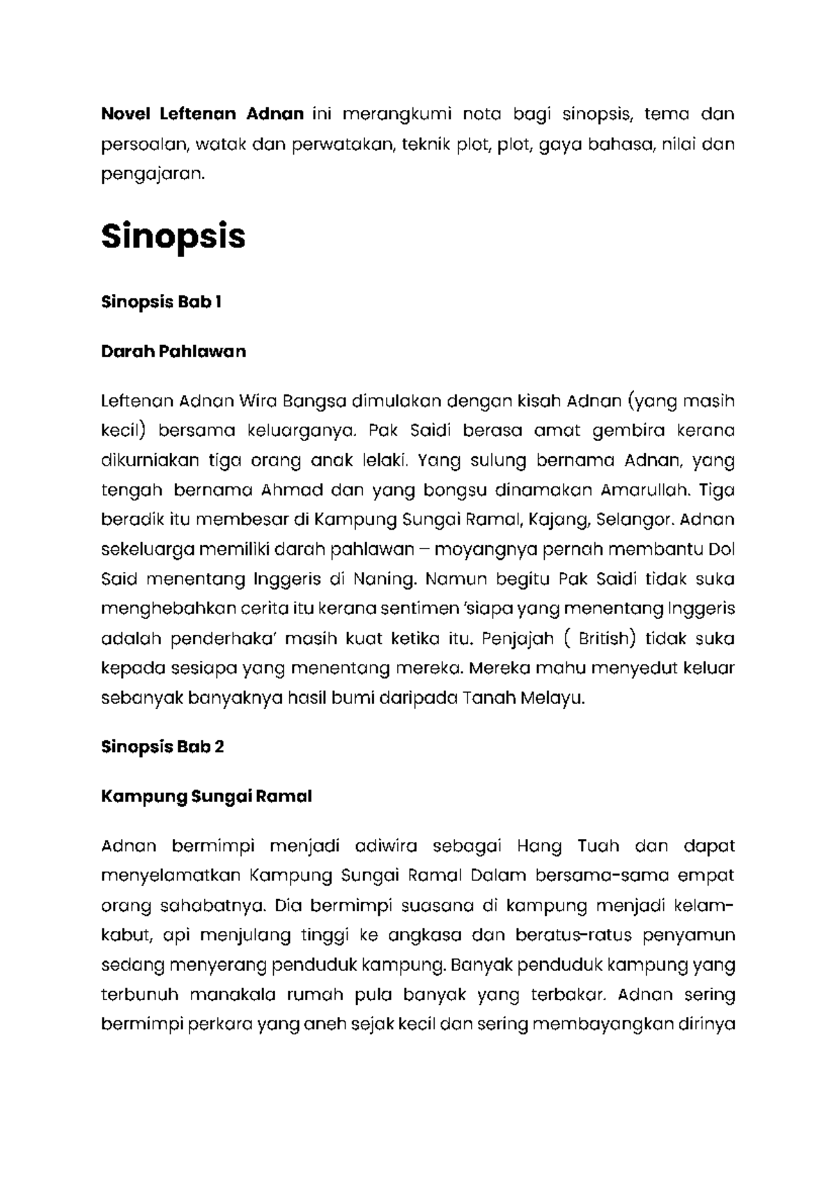 Nota Sinopsis Novel Leftenan Adnan: Tema dan Persoalan Askar Melayu ...
