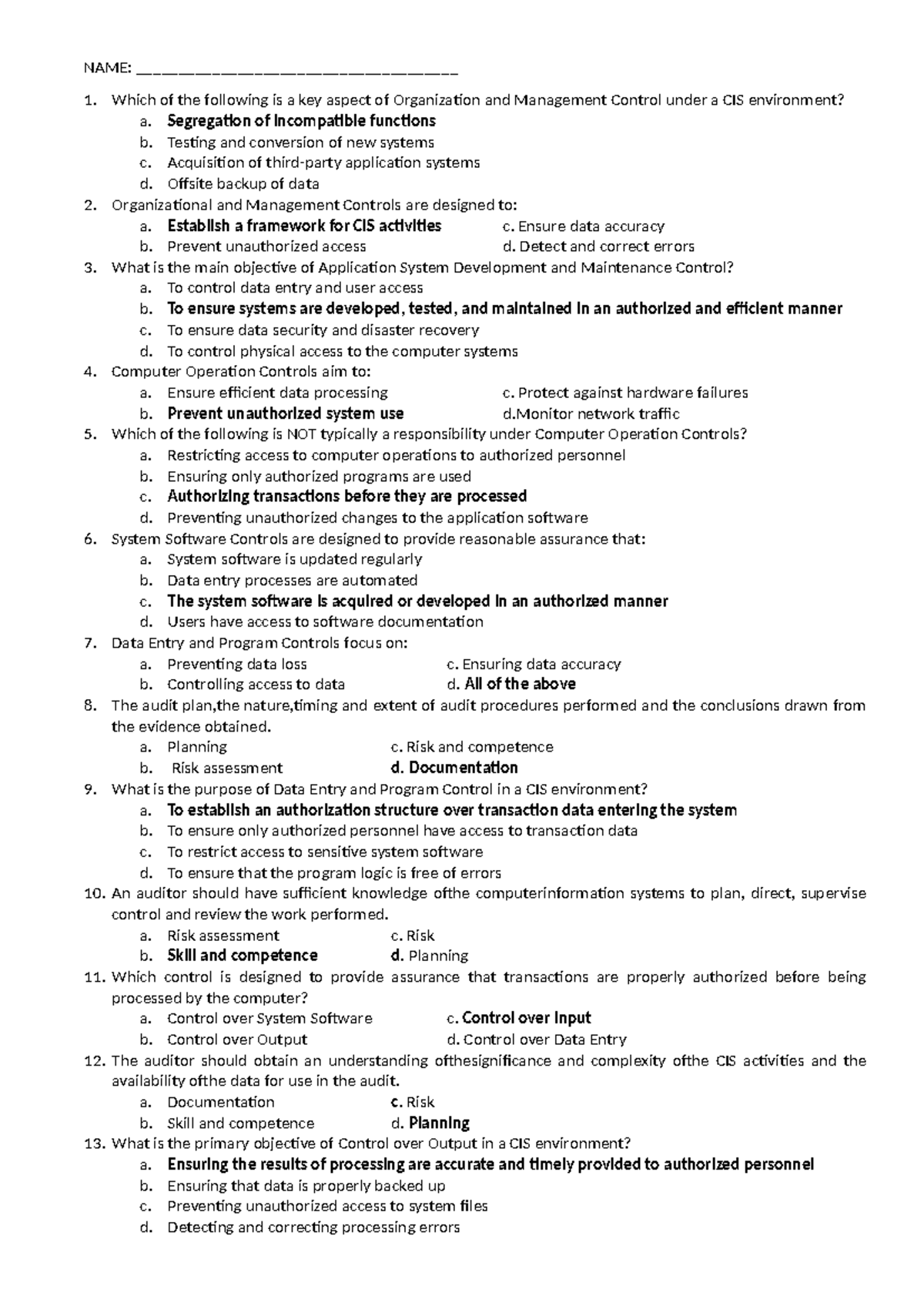 Aud CIS Quiz - quiz - NAME ...