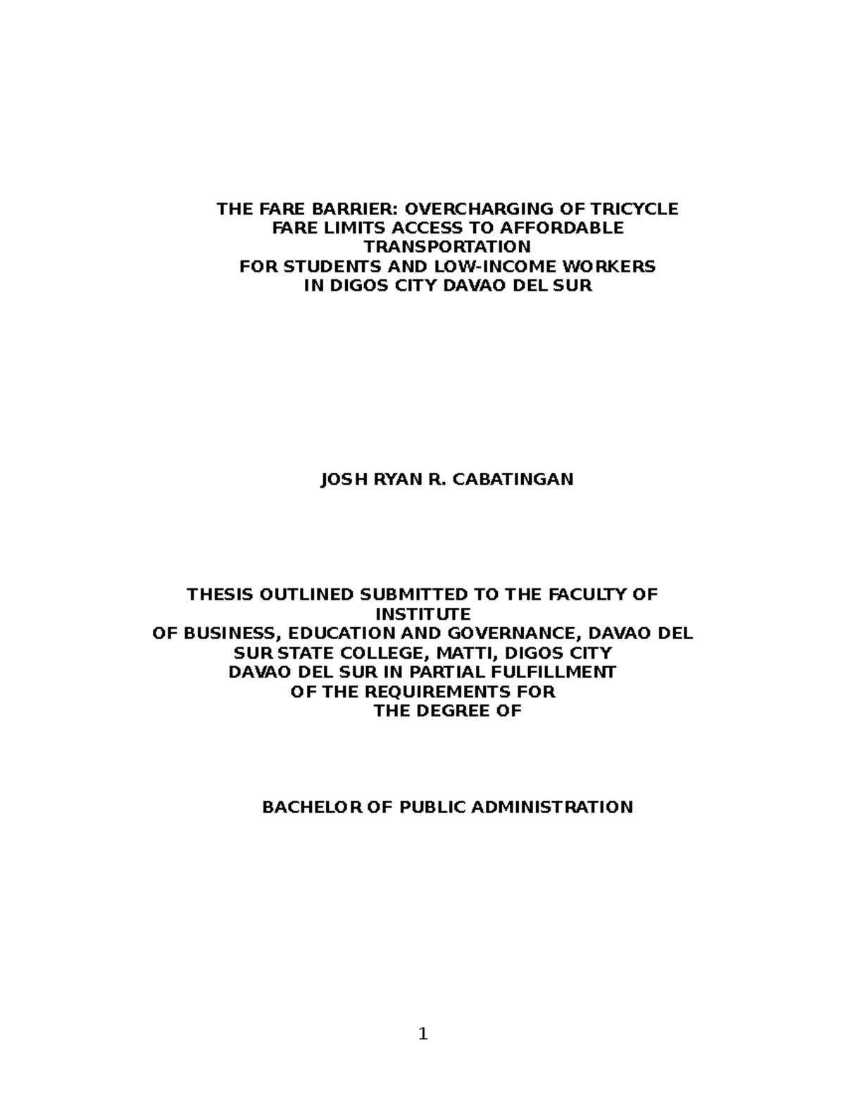 Thesis: Assessing Tricycle Fare Overcharging in Digos City (BPA 2024 ...