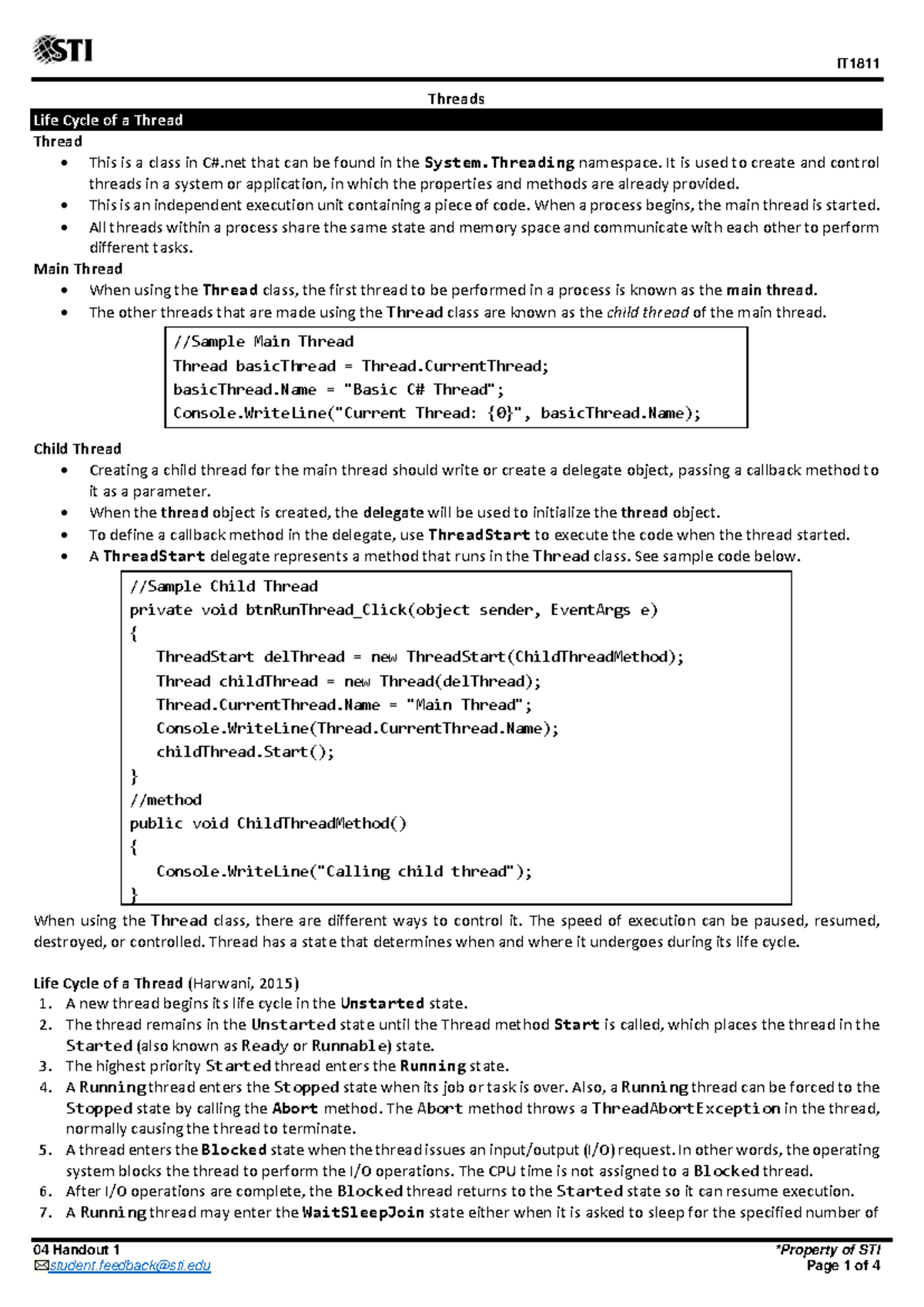 Threads - C# Lecture Notes on Thread Life Cycle and State - Studocu