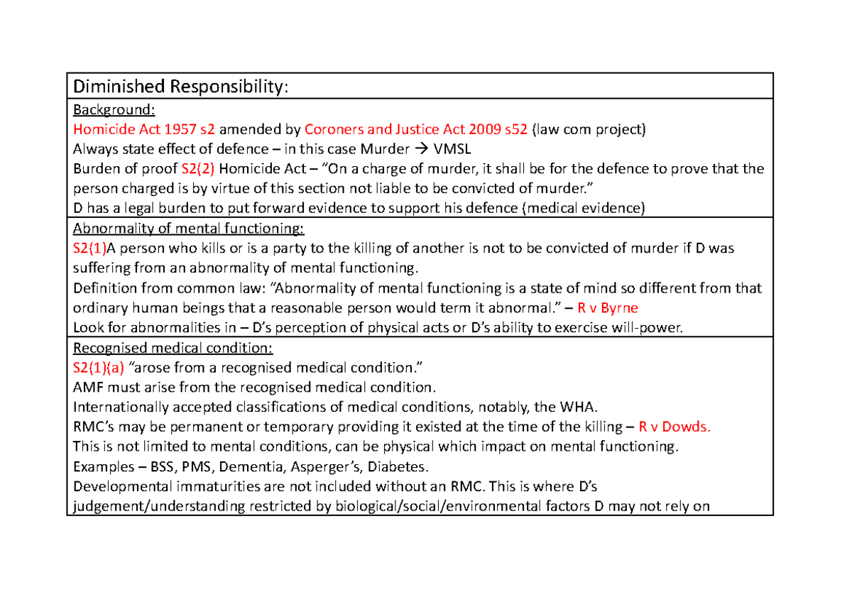 Law 101: Diminished Responsibility Revision Summary Guide - Studocu
