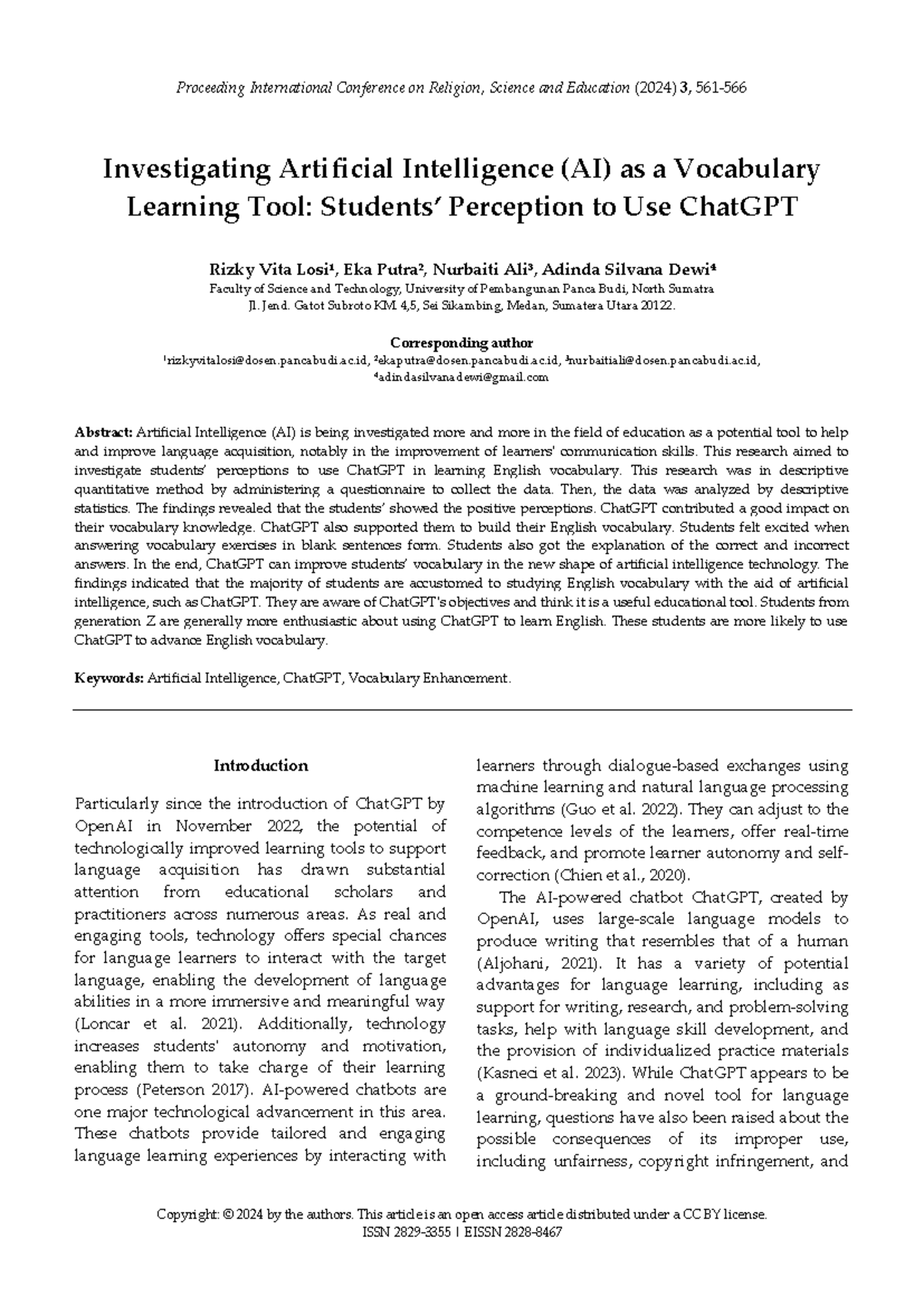 Investigating AI as a Vocabulary Learning Tool: ChatGPT Perceptions ...