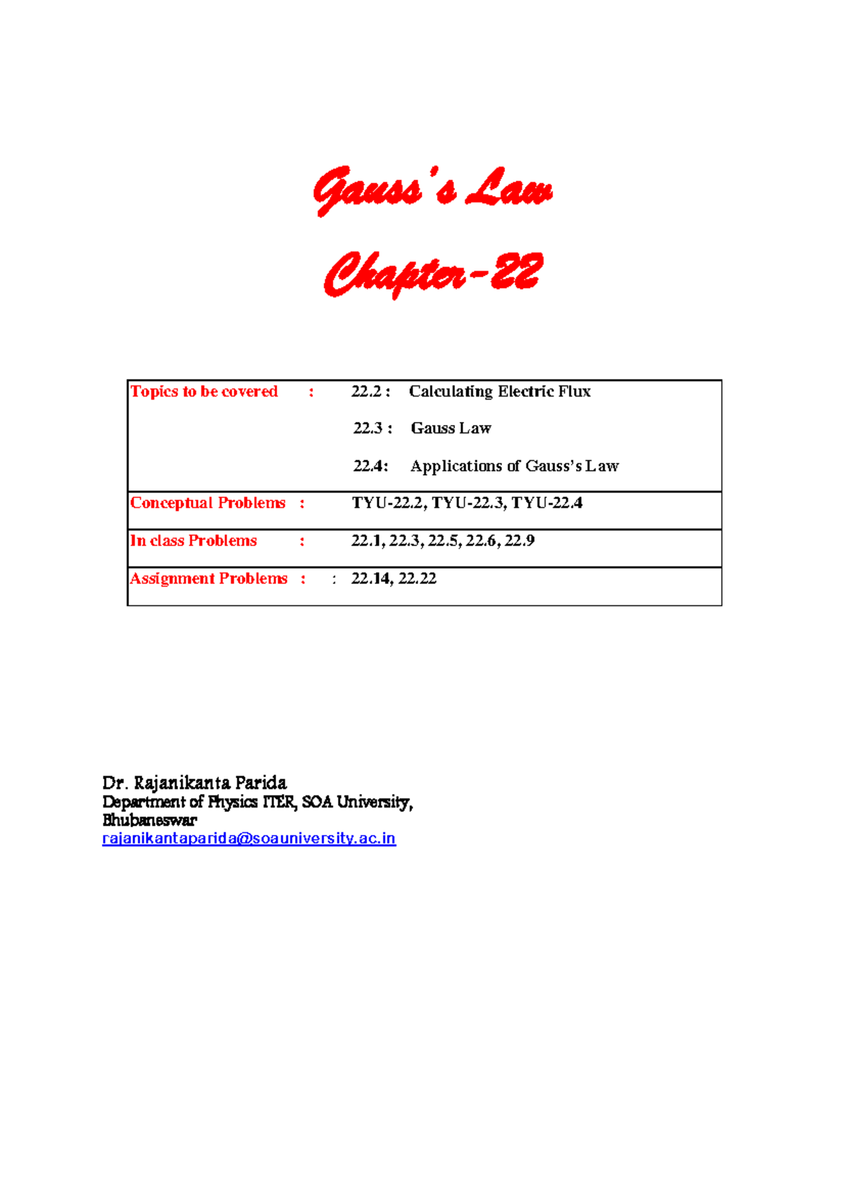 Ch-22: Electric Flux & Gauss's Law - Concepts & Problems - Studocu