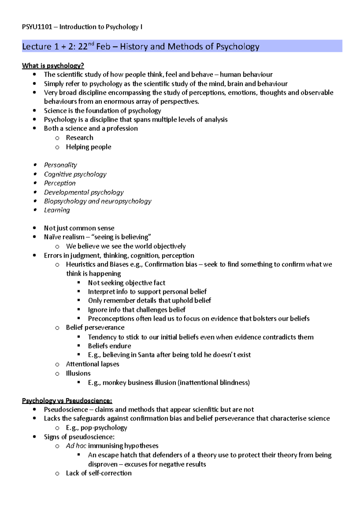 PSYU1101 - Intro to Psych: Lecture Notes on History and Methods - Studocu