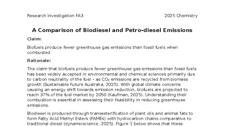 Research Investigation FA3 2025 Chemistry: Biodiesel vs. Fossil Fuel ...
