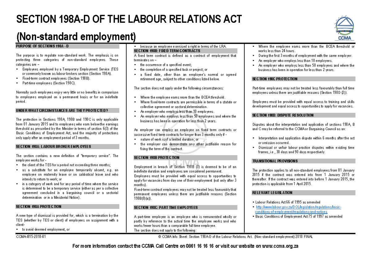 Final Info Sheet on LRA Sec 198A-D: Non-Standard Employment 2018 - Studocu