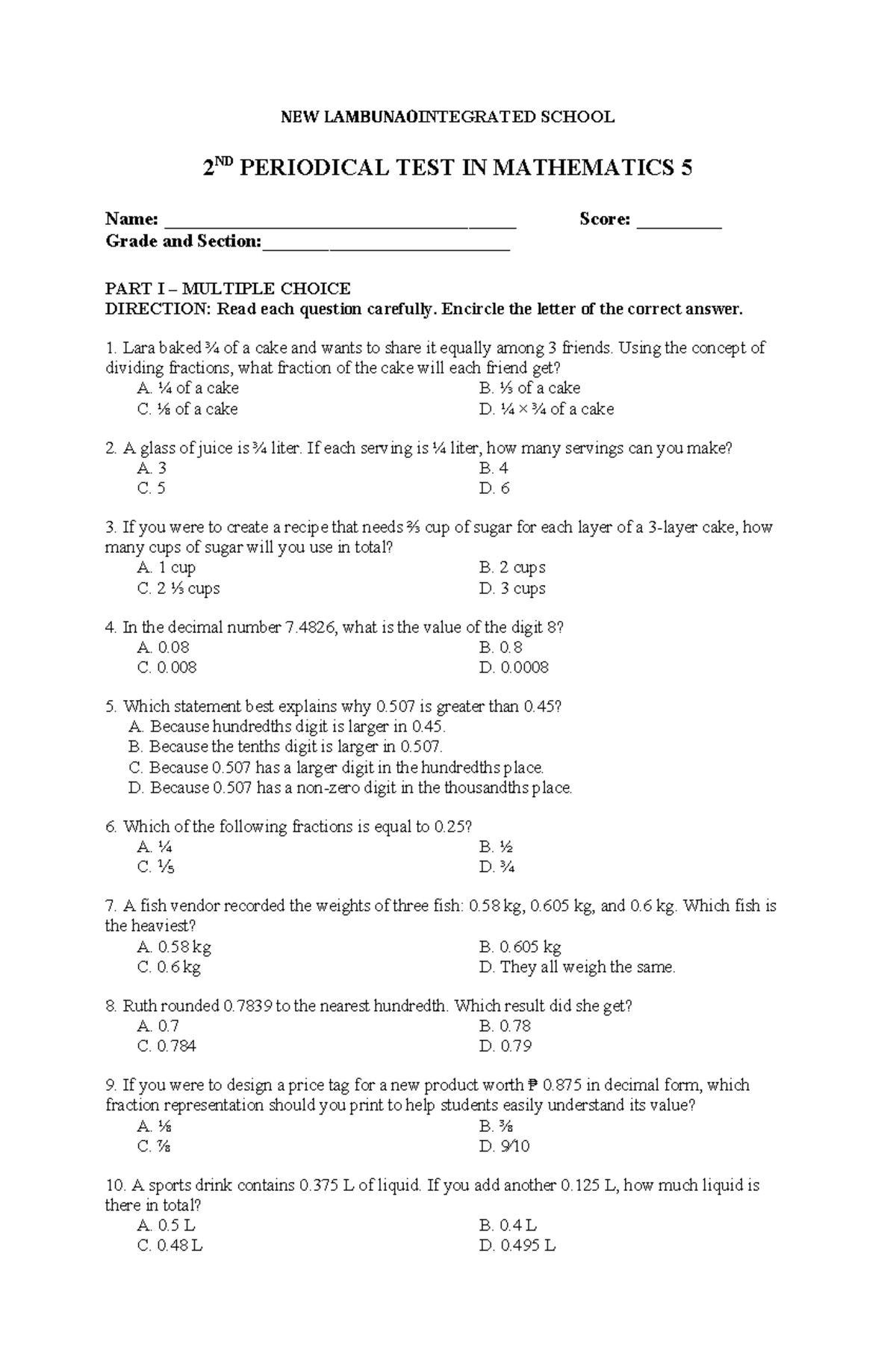 DTC PT Q2 Mathematics 5 Periodical Test with Key - Studocu