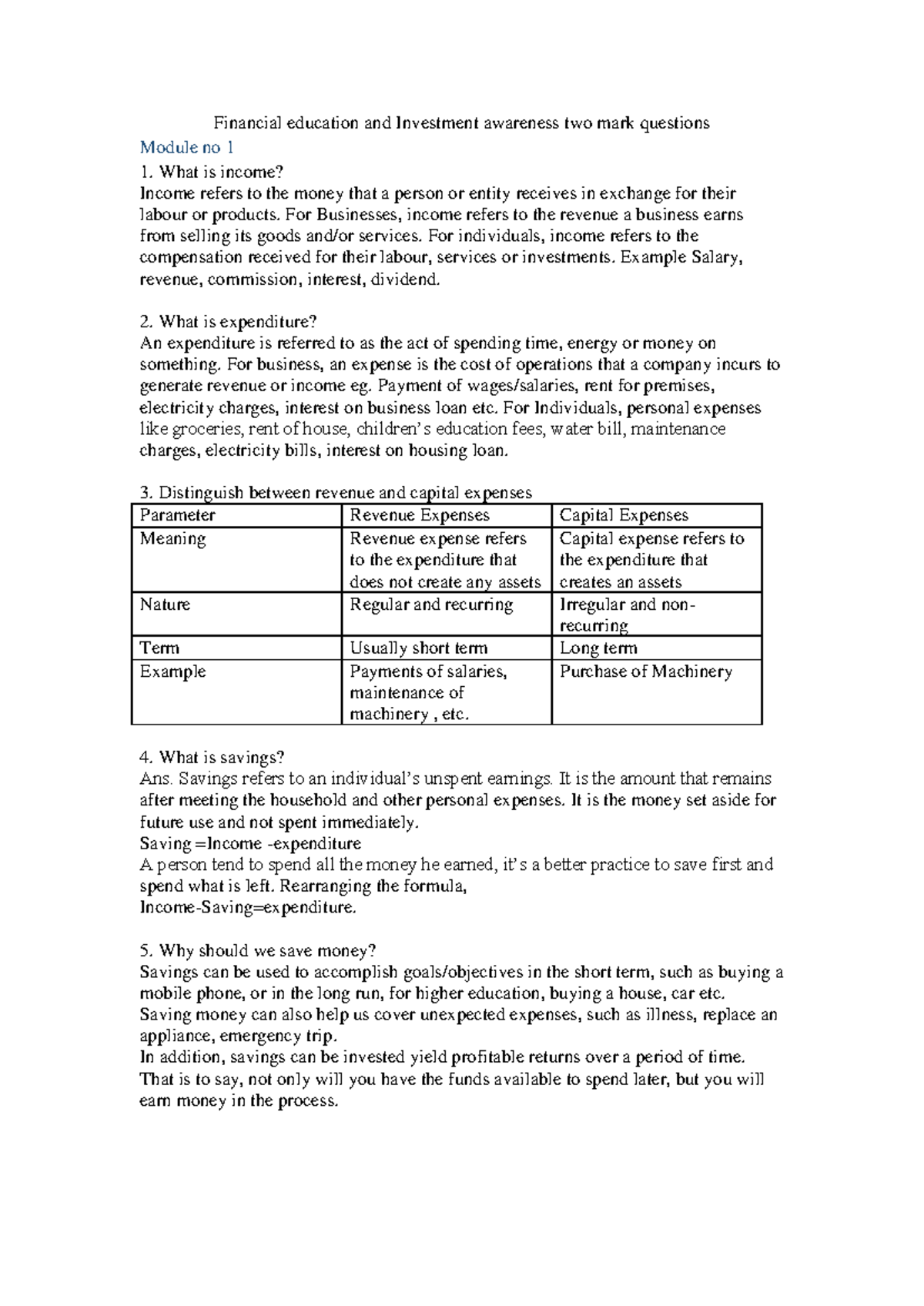Financial Education & Investment Awareness: Two Mark Qs (Module 1 ...