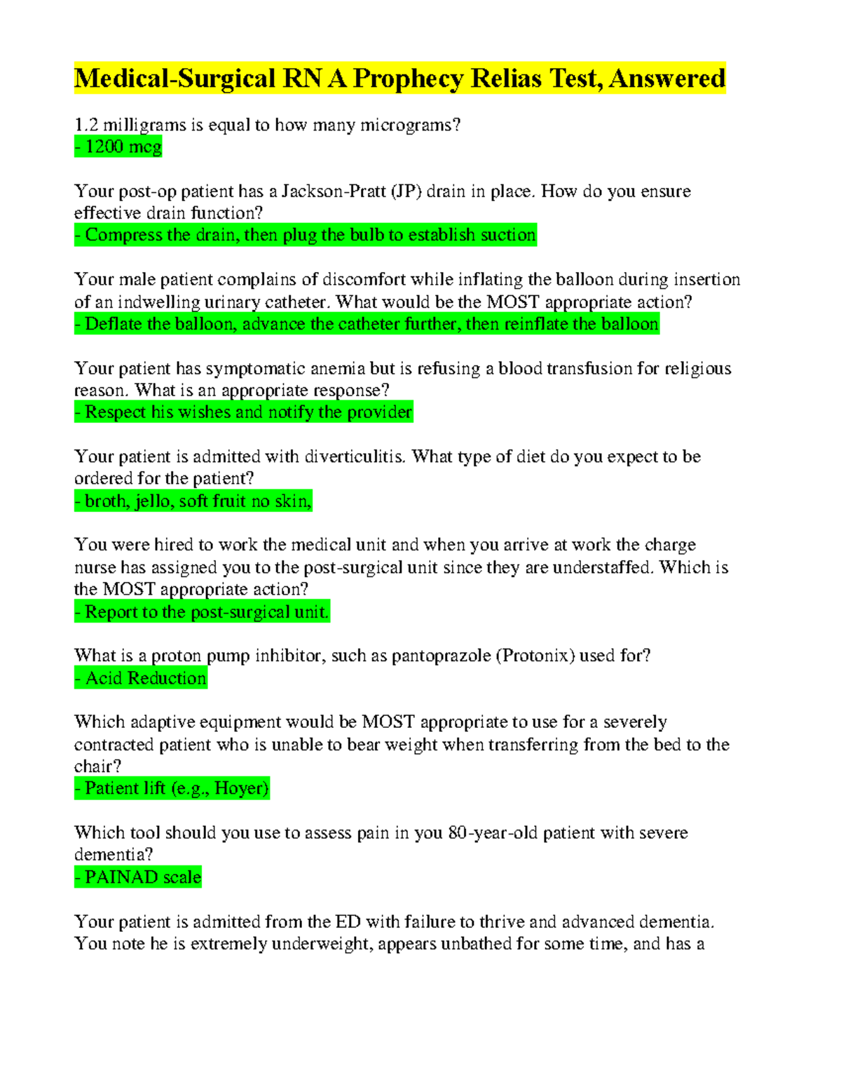 Medical-Surgical RN A Prophecy Test Relias Learning 2022 Answered Guide ...