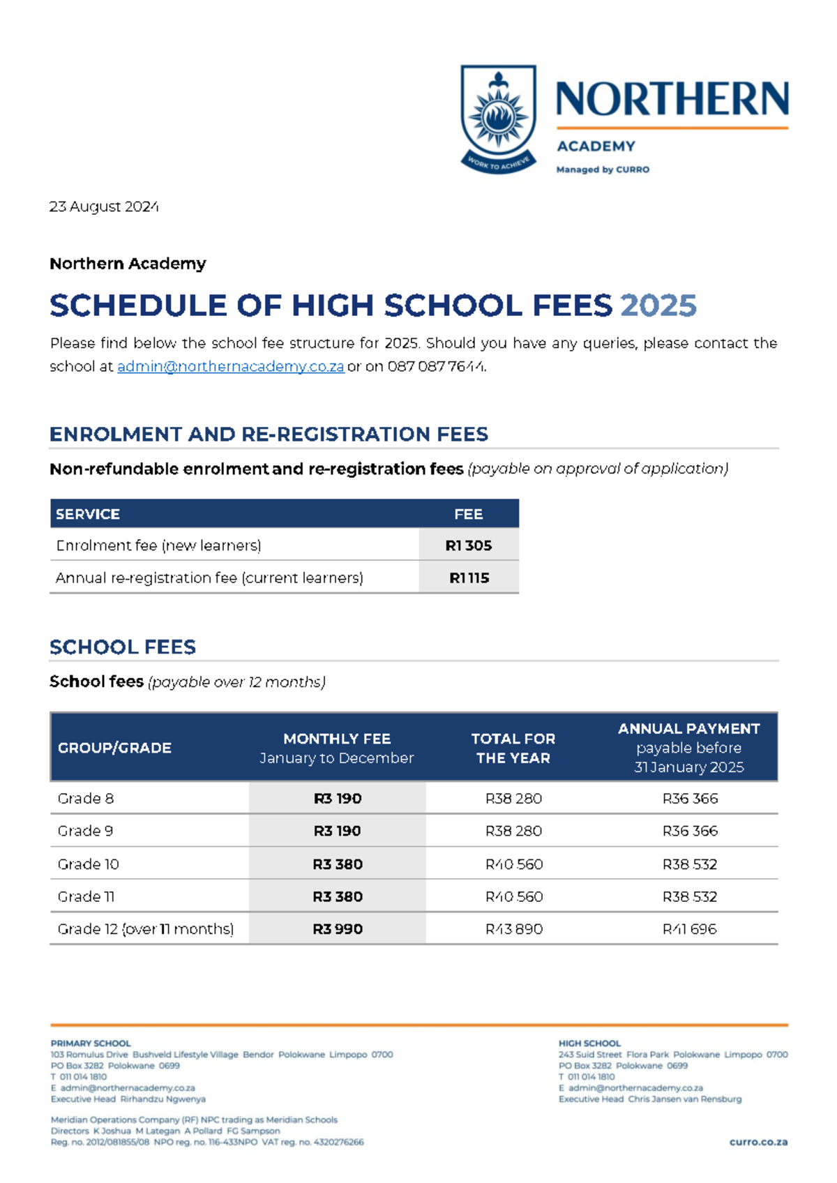 Northern Academy 2025 High School Fee Schedule - Final Version - Studocu