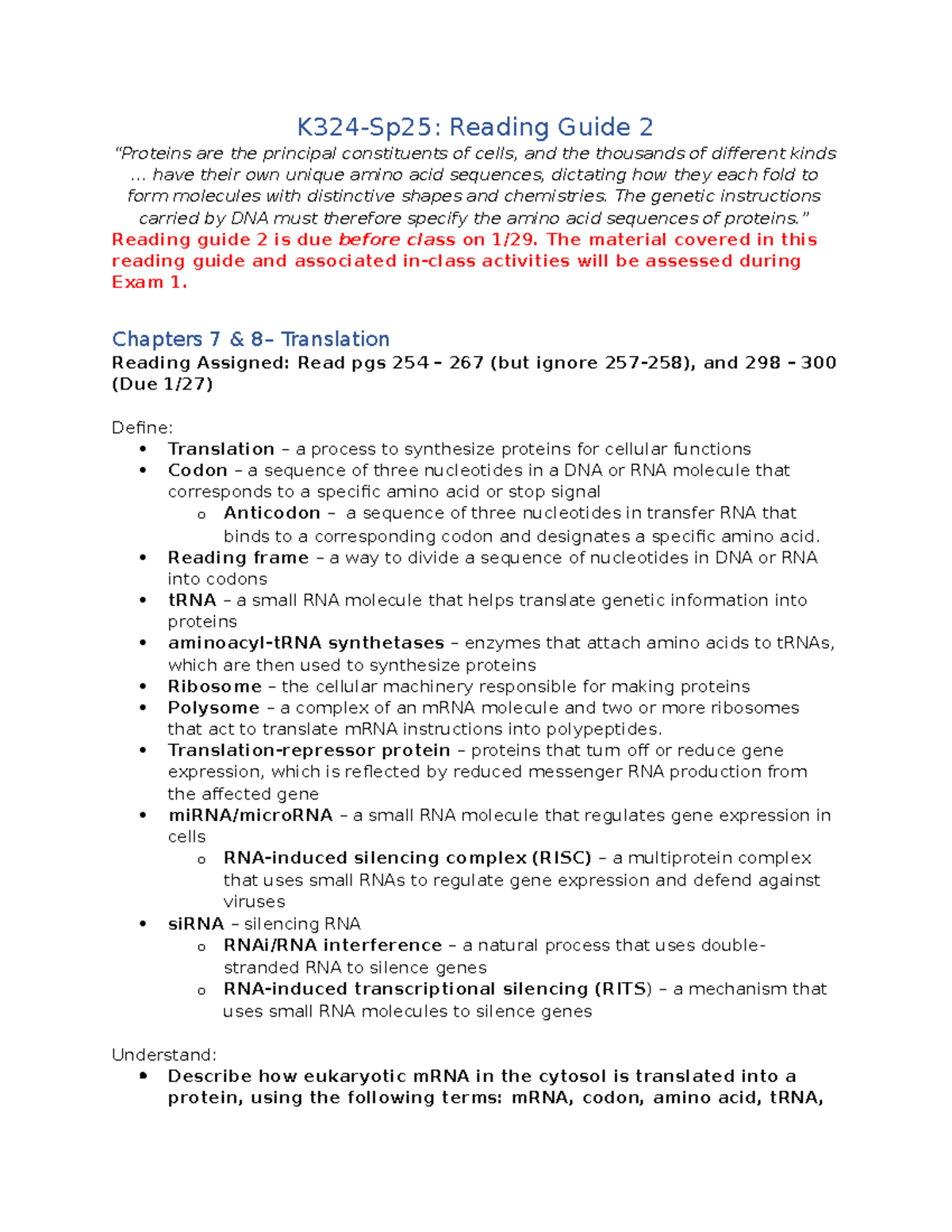 Reading Guide 2-2: Protein Synthesis and Gene Regulation for Exam 1 ...