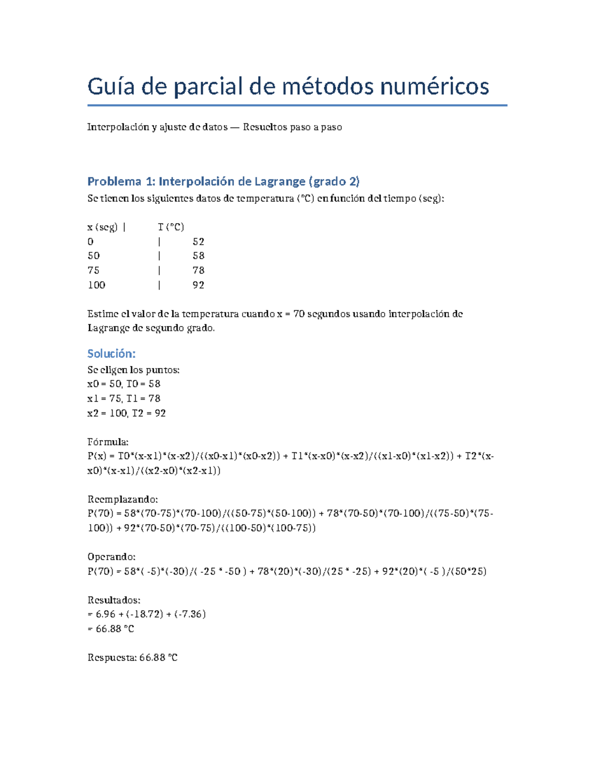 Guía de Parcial de Métodos Numéricos: Interpolación y Ajuste de Datos - Studocu
