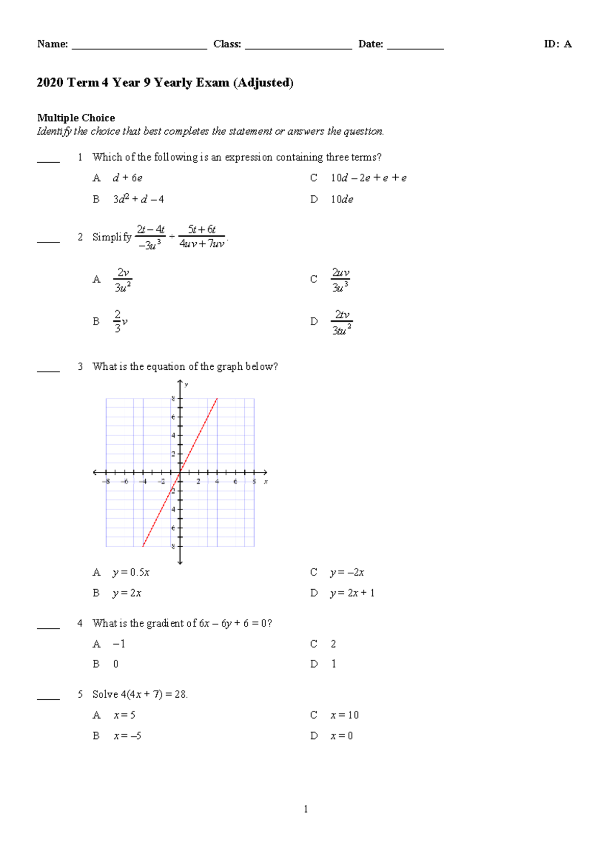 2020 Y09 Yearly Exam (Adjusted) - Multiple Choice Questions - Studocu