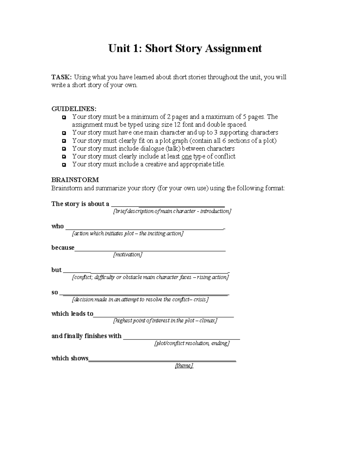 Unit1Short Story Assignment - Unit 1: Short Story Assignment TASK ...