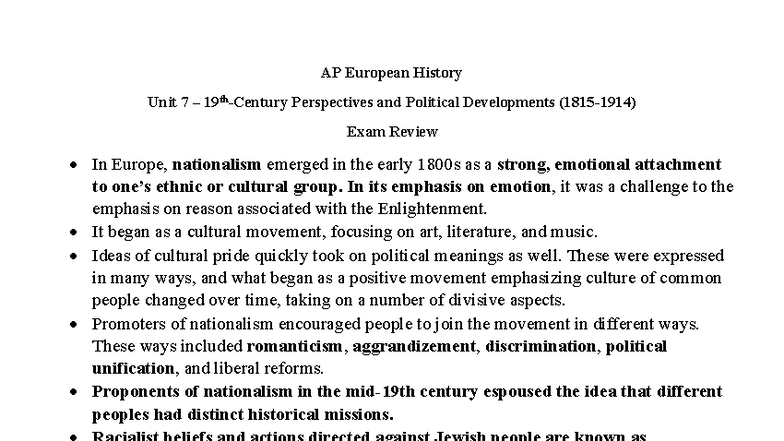 AP Euro Unit 7 Exam Review: Nationalism and Political Changes in Europe ...