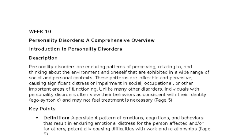 WEEK 10 - Personality Disorders: Key Concepts & Overview - Studocu