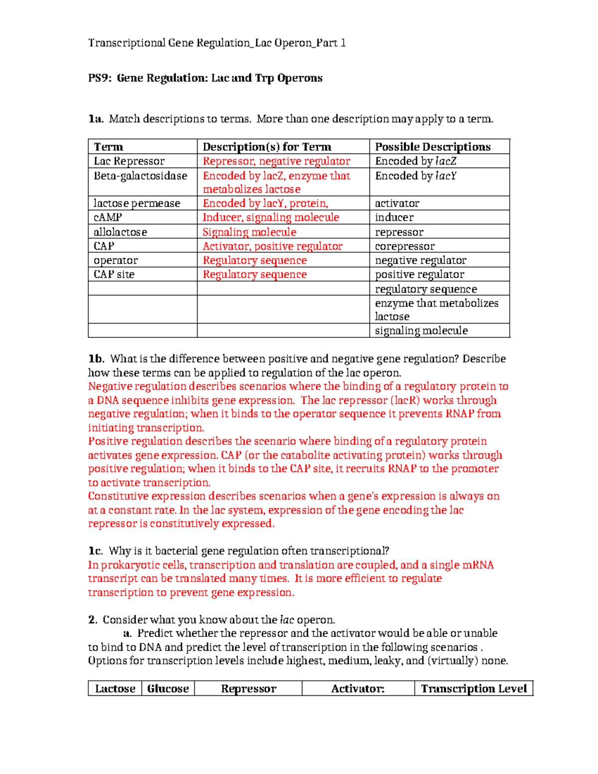 Discussion Qs Lac Trp Operon key - PS9: Gene Regulation: Lac and Trp ...