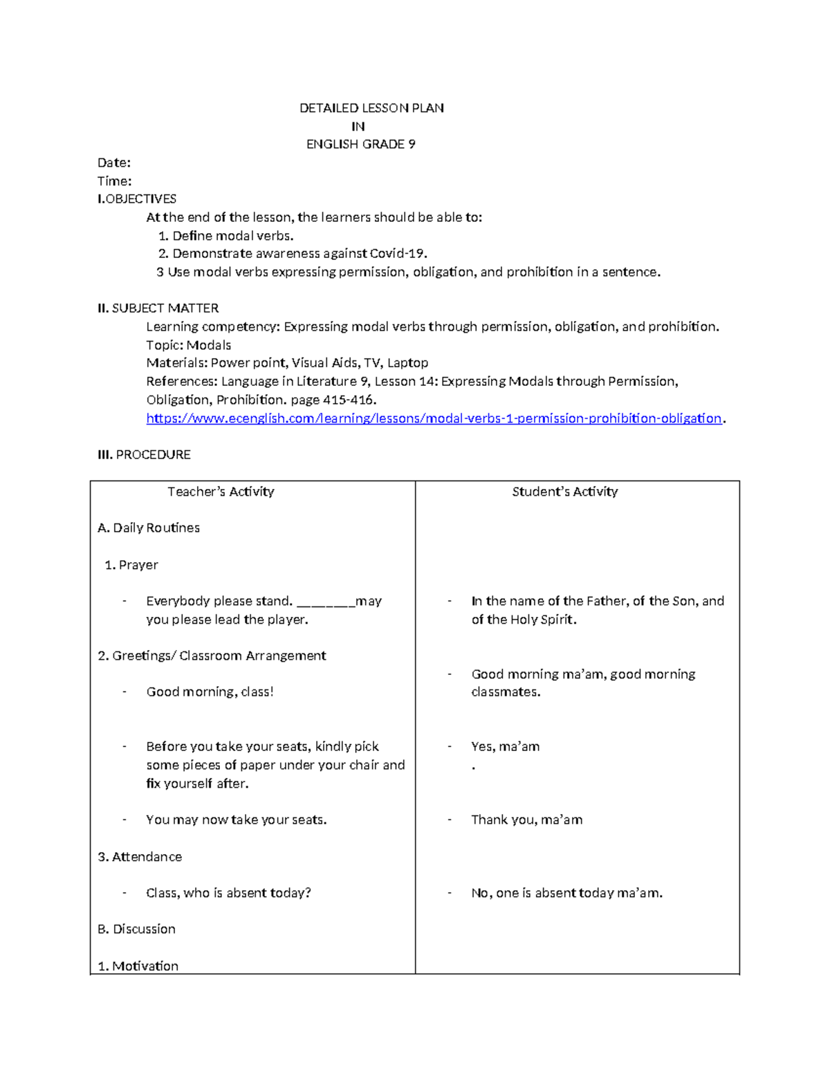 English Grade 9 Lesson Plan: Understanding Modal Verbs and Covid-19 ...