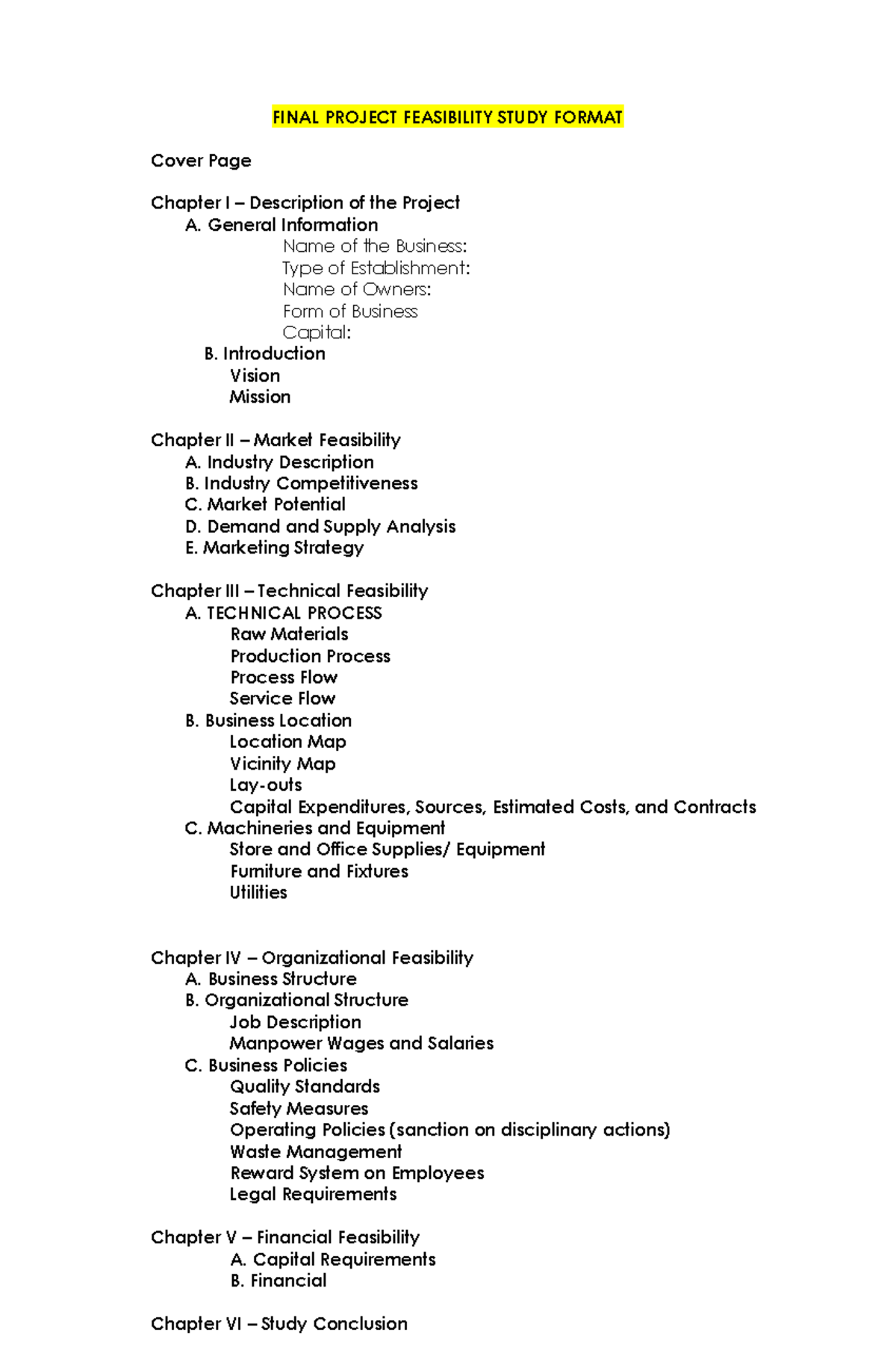 Final Project Feasibility Study Format for Business Proposal - Studocu